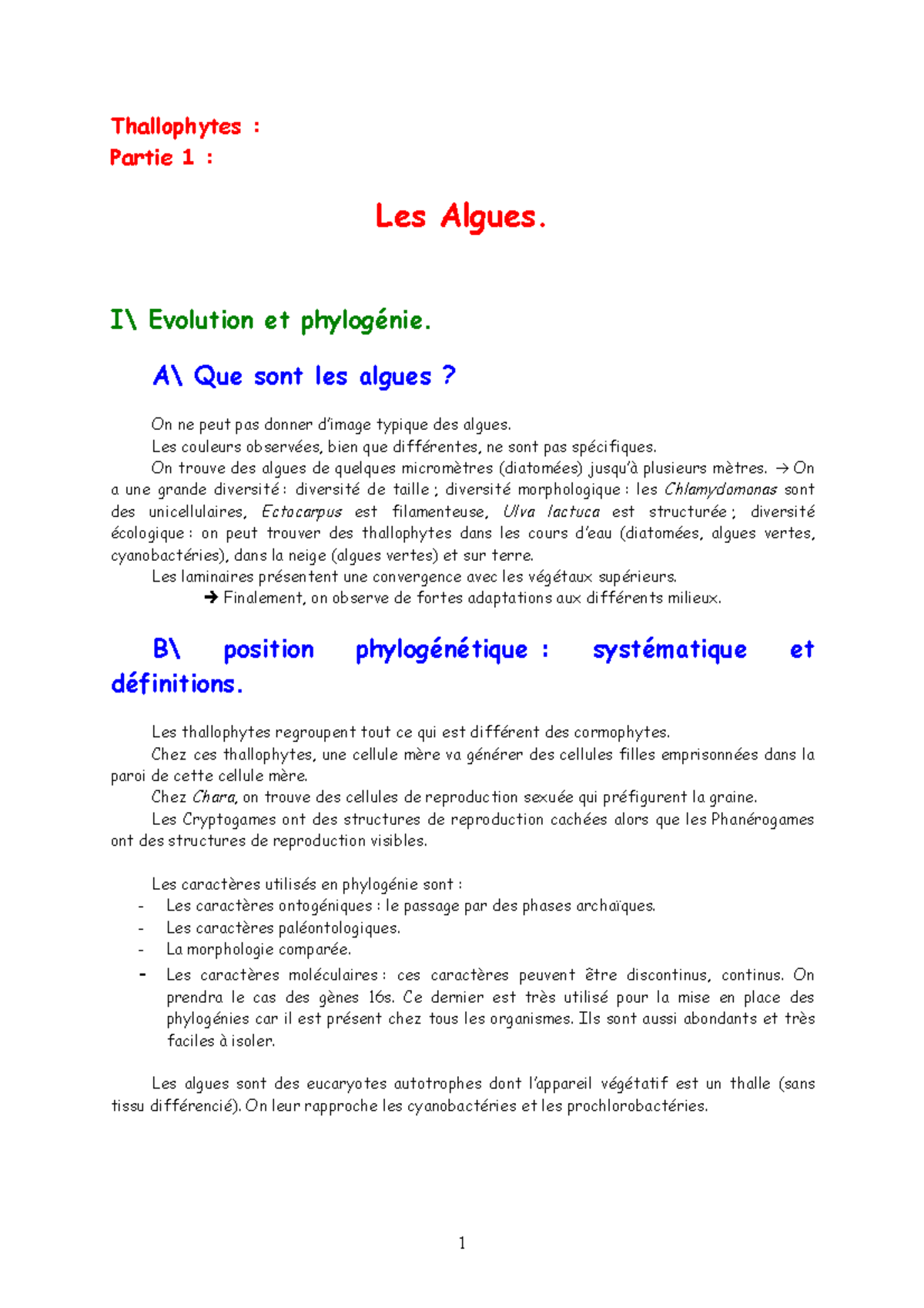 Lesalgues fgtrd 00 - Thallophytes : Partie 1 : Les Algues. I\ Evolution ...