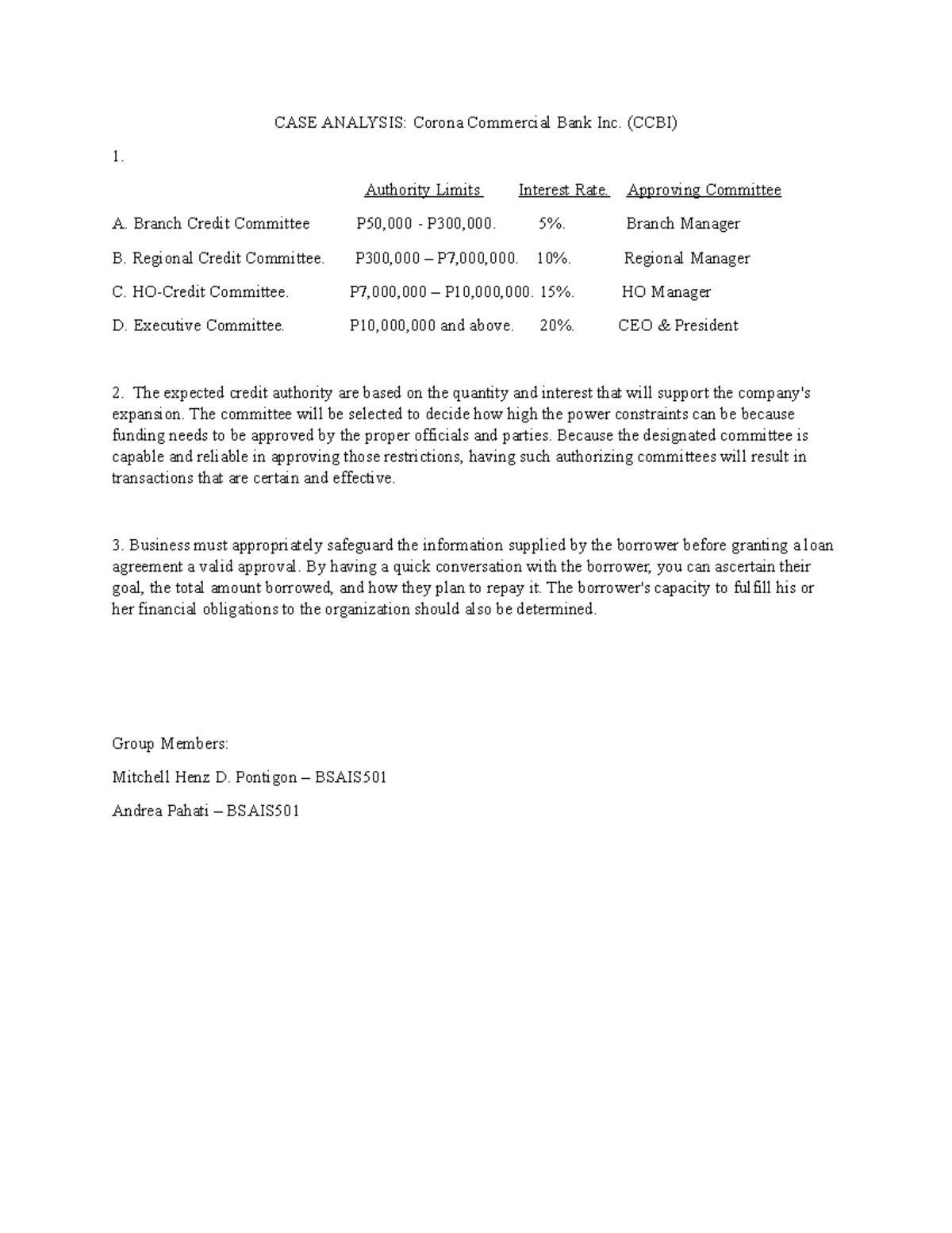 03 Task Performance 1 - CASE ANALYSIS: Corona Commercial Bank Inc ...