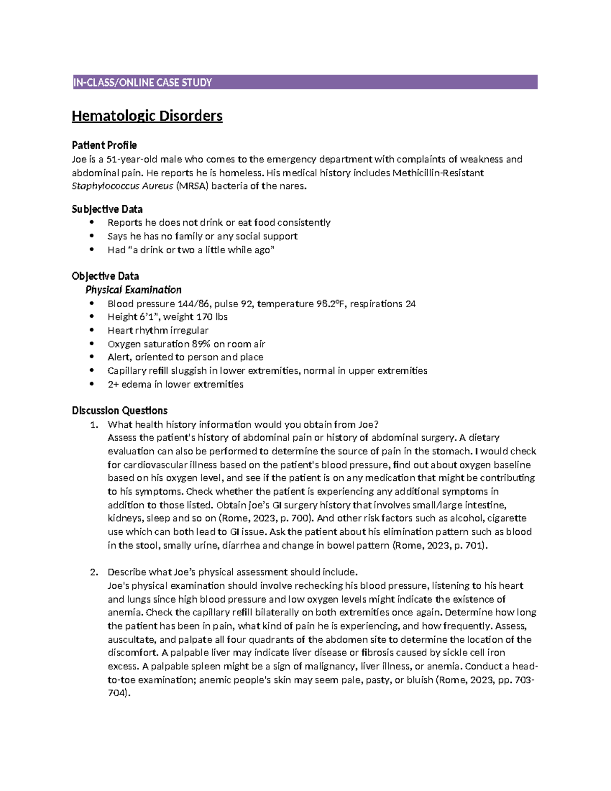 Case Study Hematology Disorders-1 - IN-CLASS/ONLINE CASE STUDY ...
