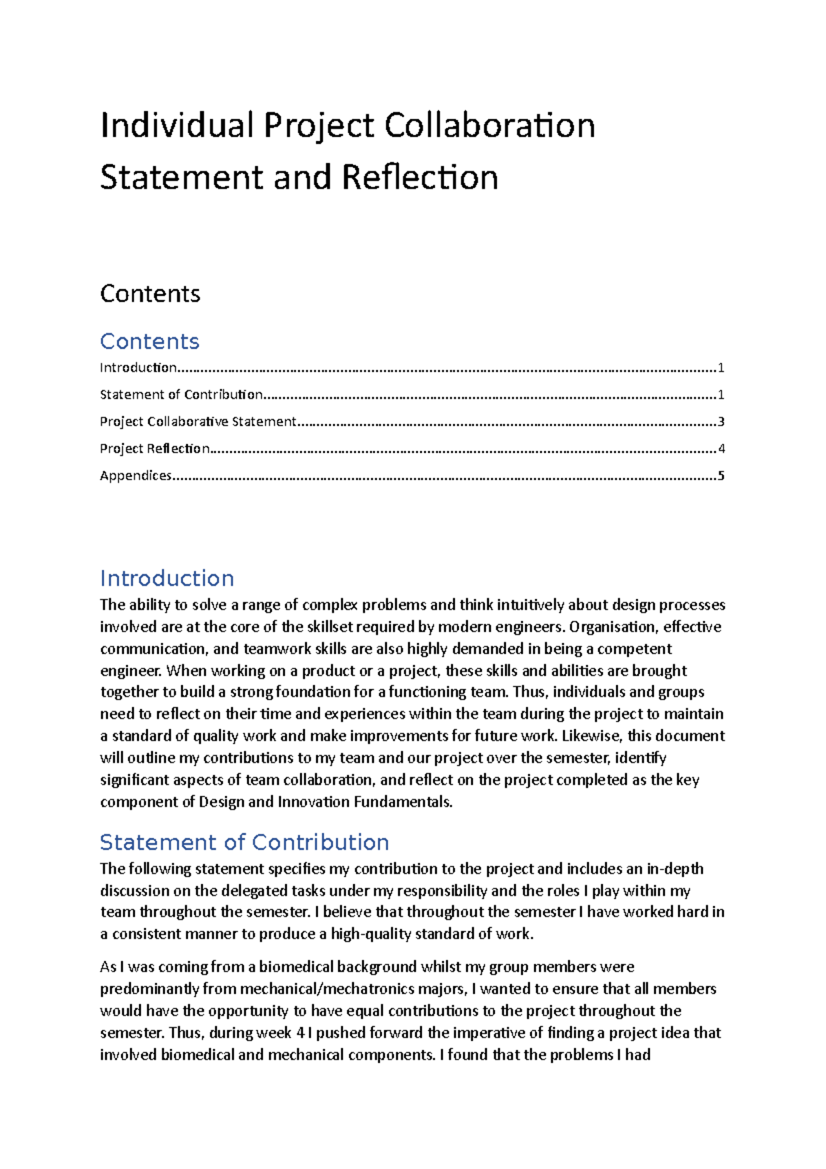 Individual Project Collaboration Statement and Reflection - Individual ...