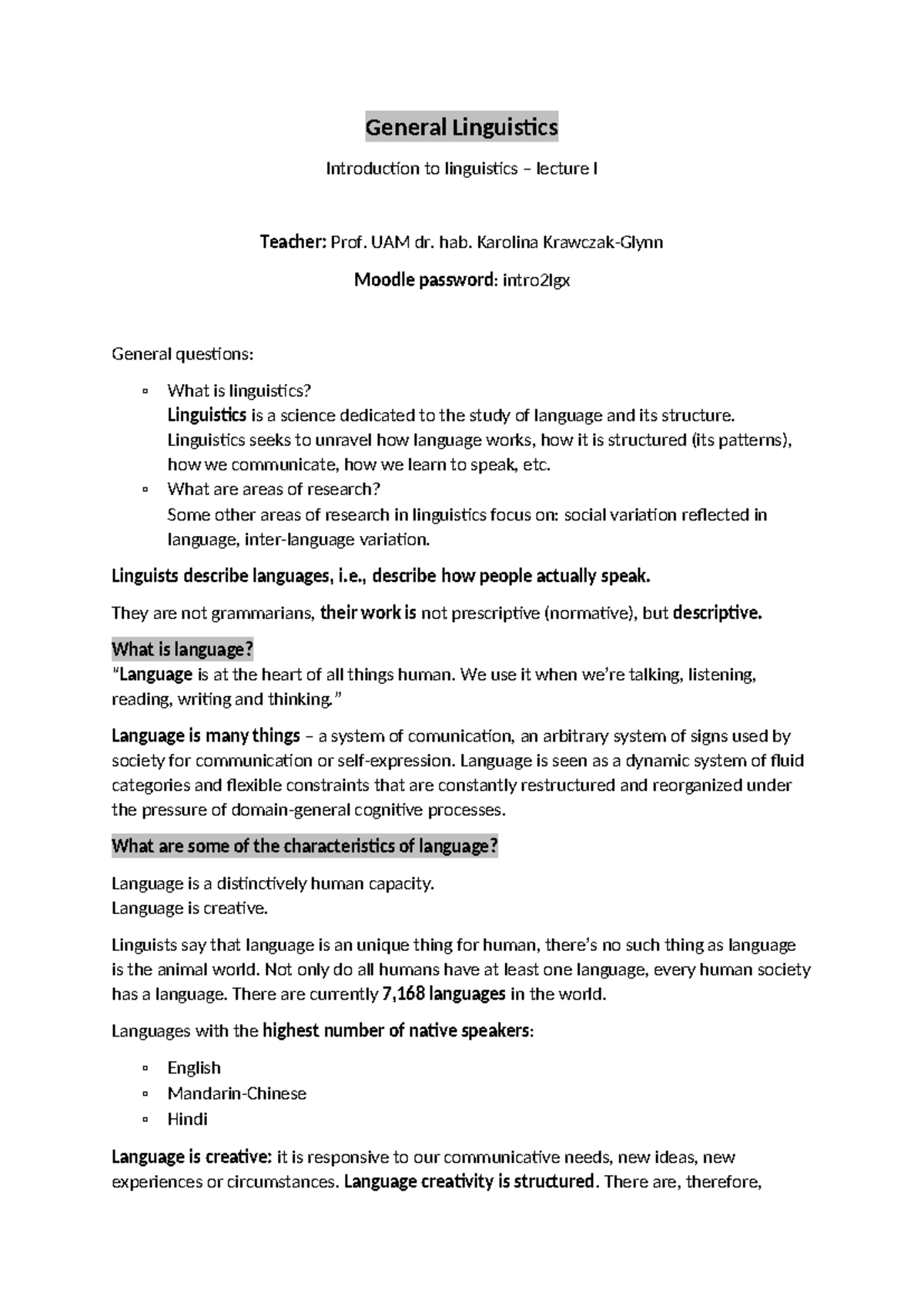 General Linguistics lec1 - General Linguistics Introduction to ...