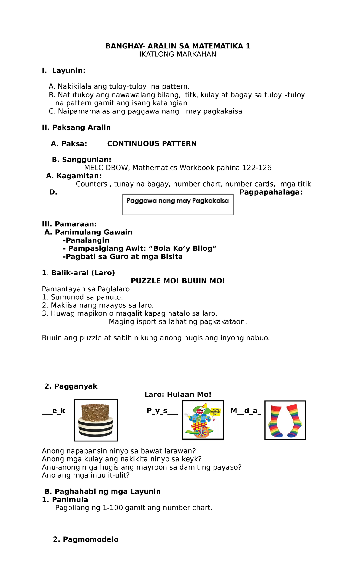 Banghay - lesson plan - BANGHAY- ARALIN SA MATEMATIKA 1 IKATLONG ...