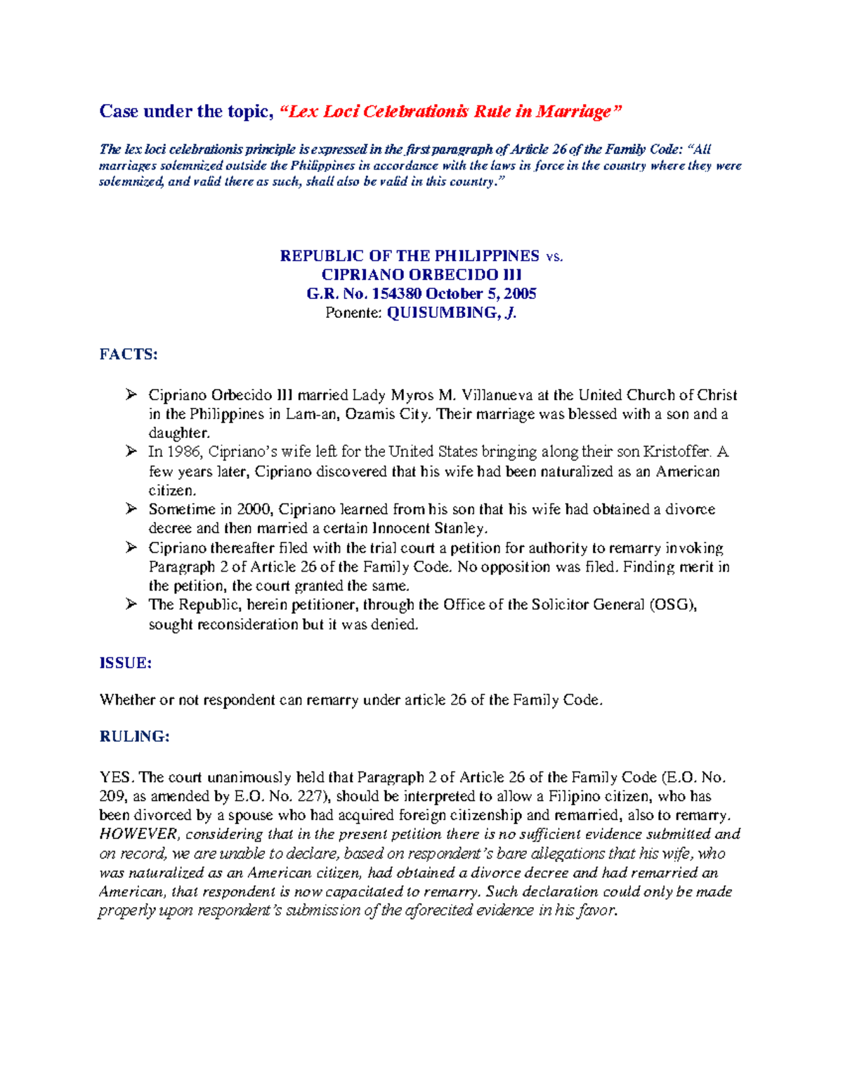 19. Republic vs. Orbecido - Case under the topic, “Lex Loci ...