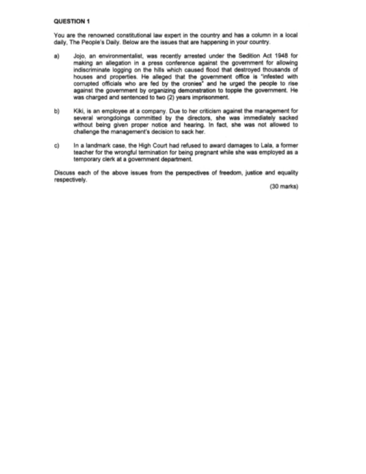 TUTO6 LAW034 - law 034 tutorial work. - a) FREEDOM ISSUE The question ...