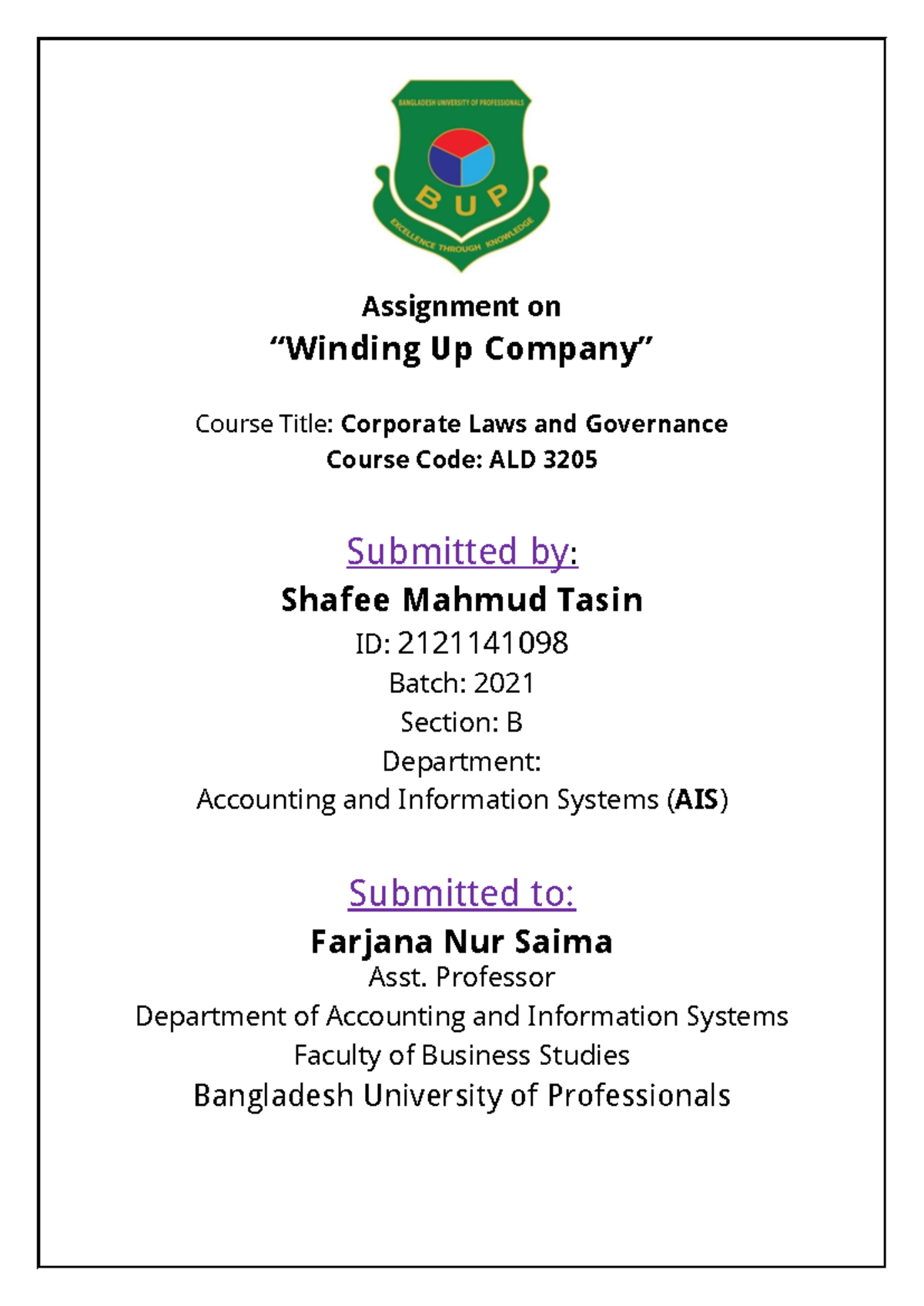 Cover - Government and Politics - Assignment on “Winding Up Company ...