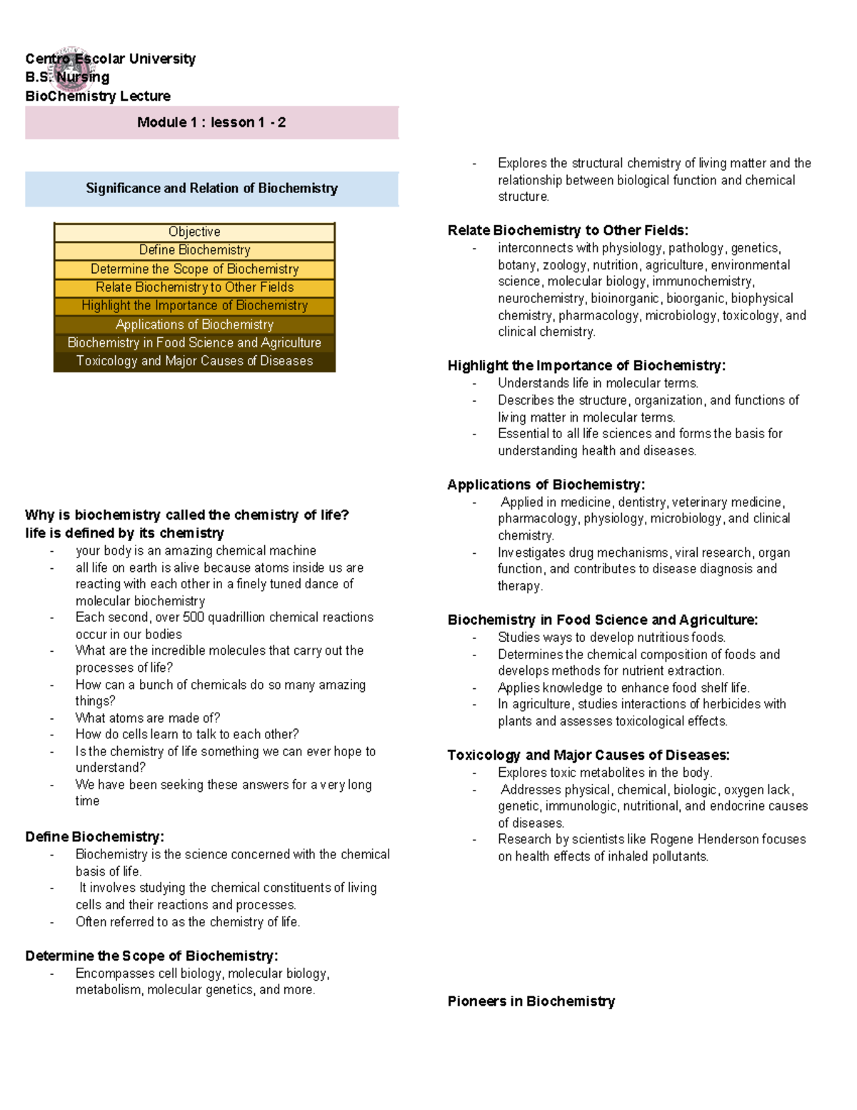 Bio chem ( lec ) M1 - bio - Centro Escolar University B. Nursing ...