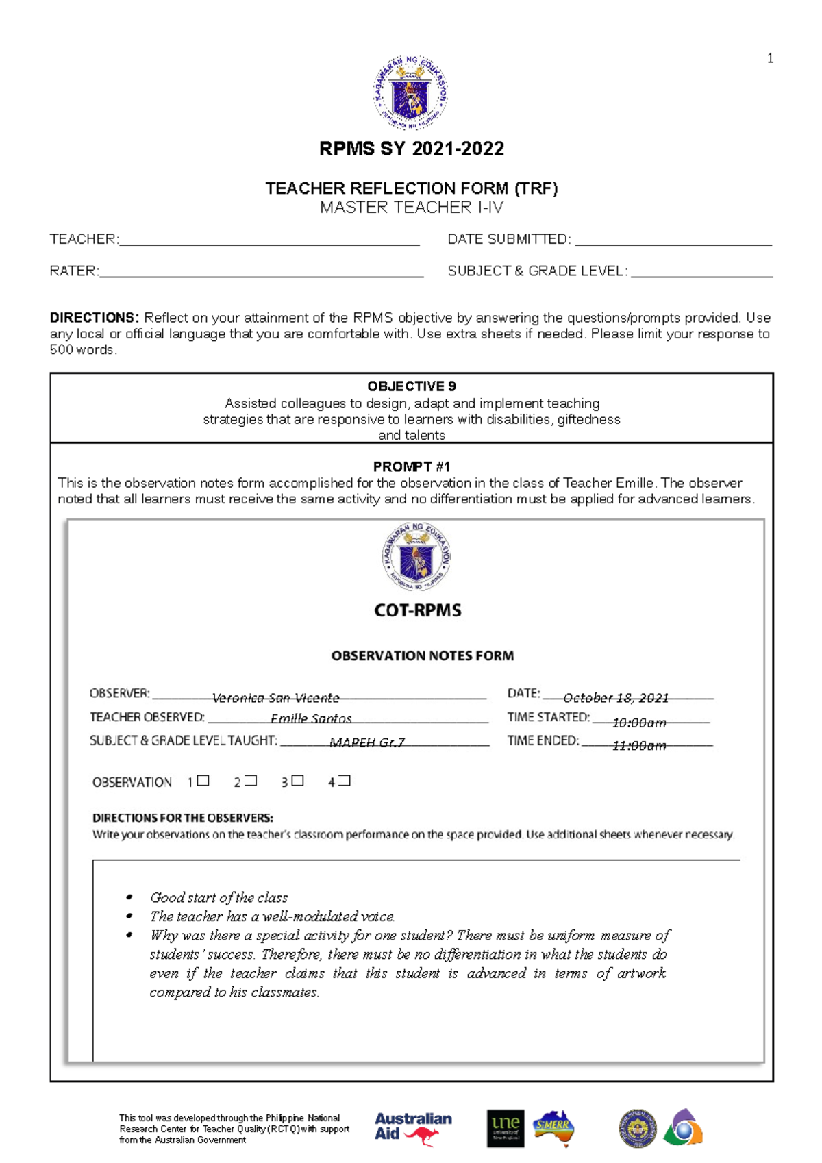 [Appendix 4B] Teacher Reflection Form for MT I-IV for RPMS SY 2021-2022 ...