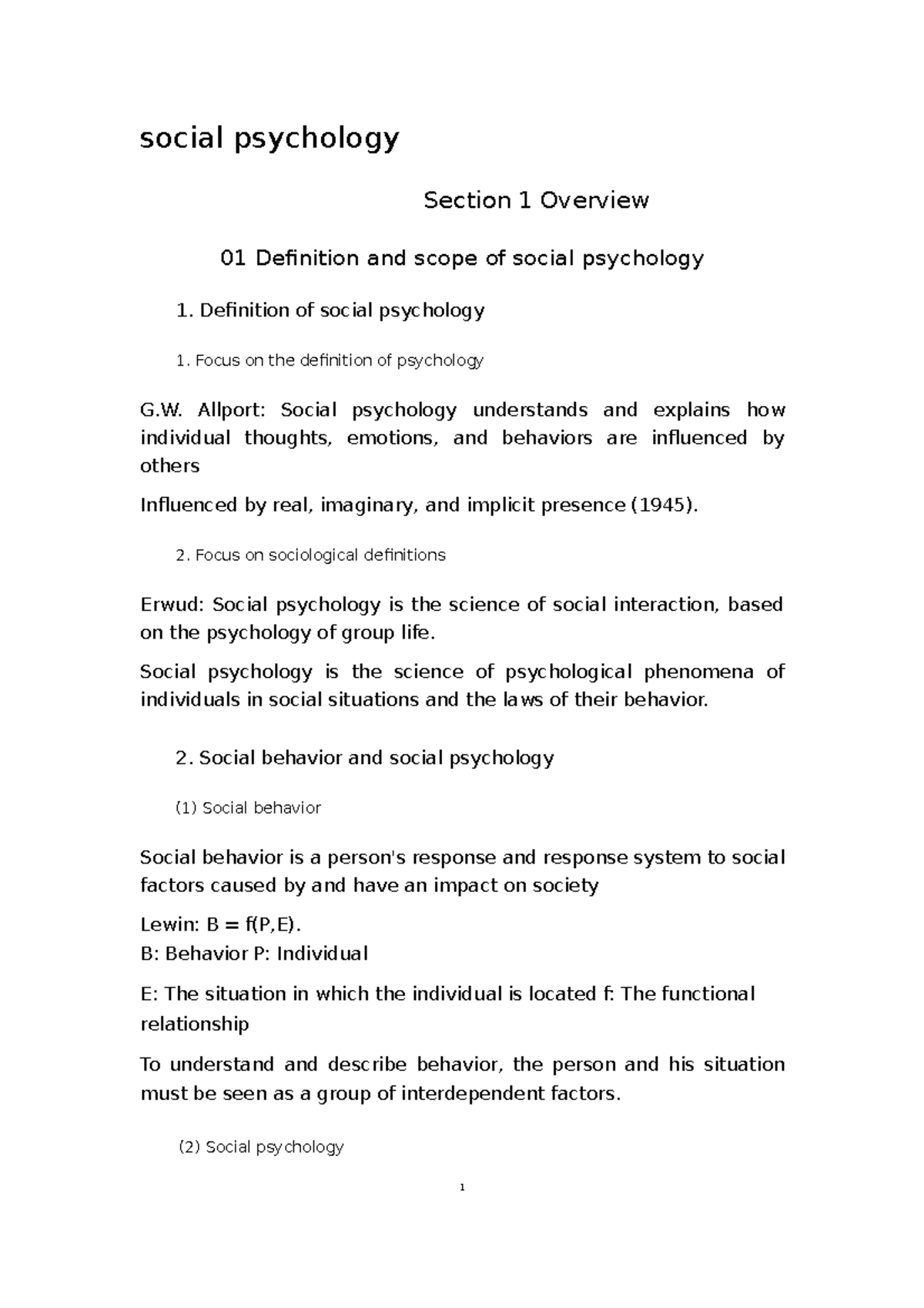 Definition and scope of social psychology - social psychology Section 1 ...