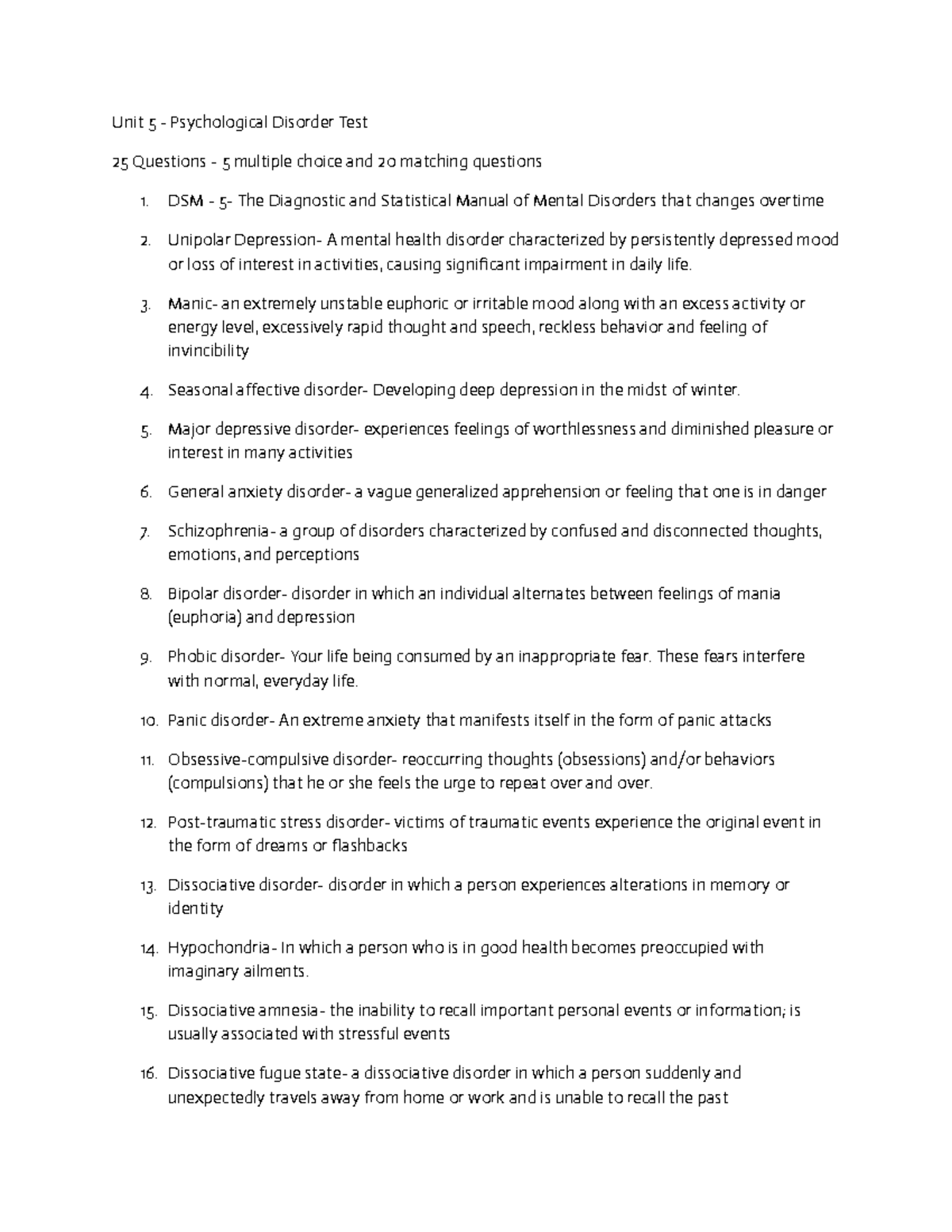Copy of Unit 5 - Review Sheet - Unit 5 - Psychological Disorder Test 25 ...