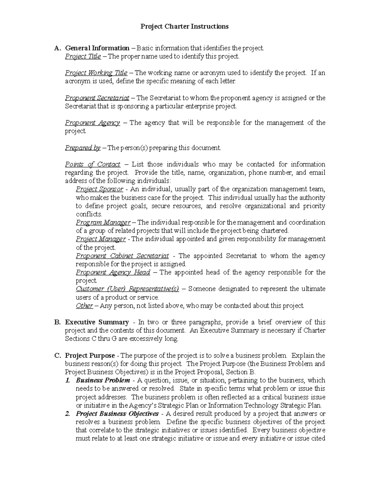 Project Charter Template Instructions 1.2 - Project Charter ...