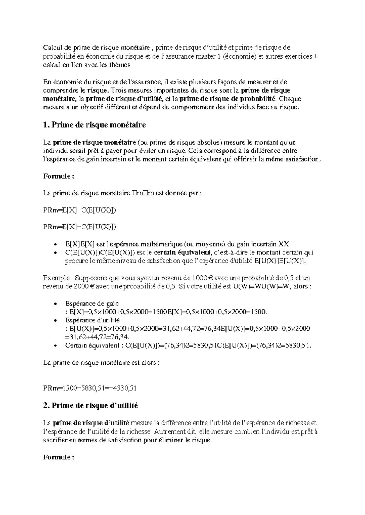 Économie du risque et de l’assurance - Calcul de prime de risque monétaire , prime de risque ...