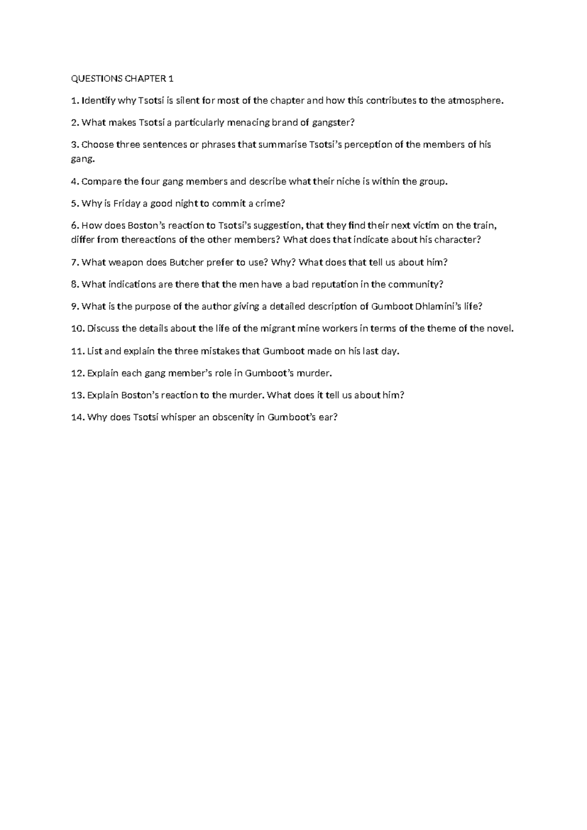 Tsotsi contextual questions - QUESTIONS CHAPTER 1 Identify why Tsotsi ...