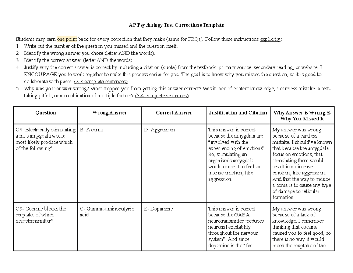 Copy of AP Psychology Test Corrections Template-1 - AP Psychology Test ...