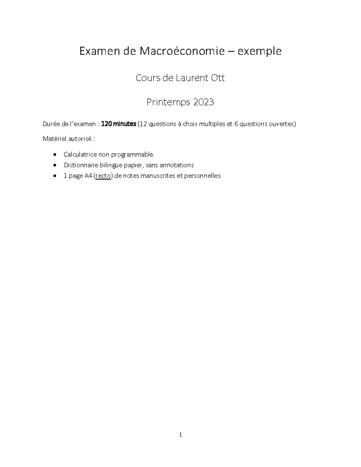 Examen exemple 2023 - Examen de Macroéconomie – exemple Cours de ...
