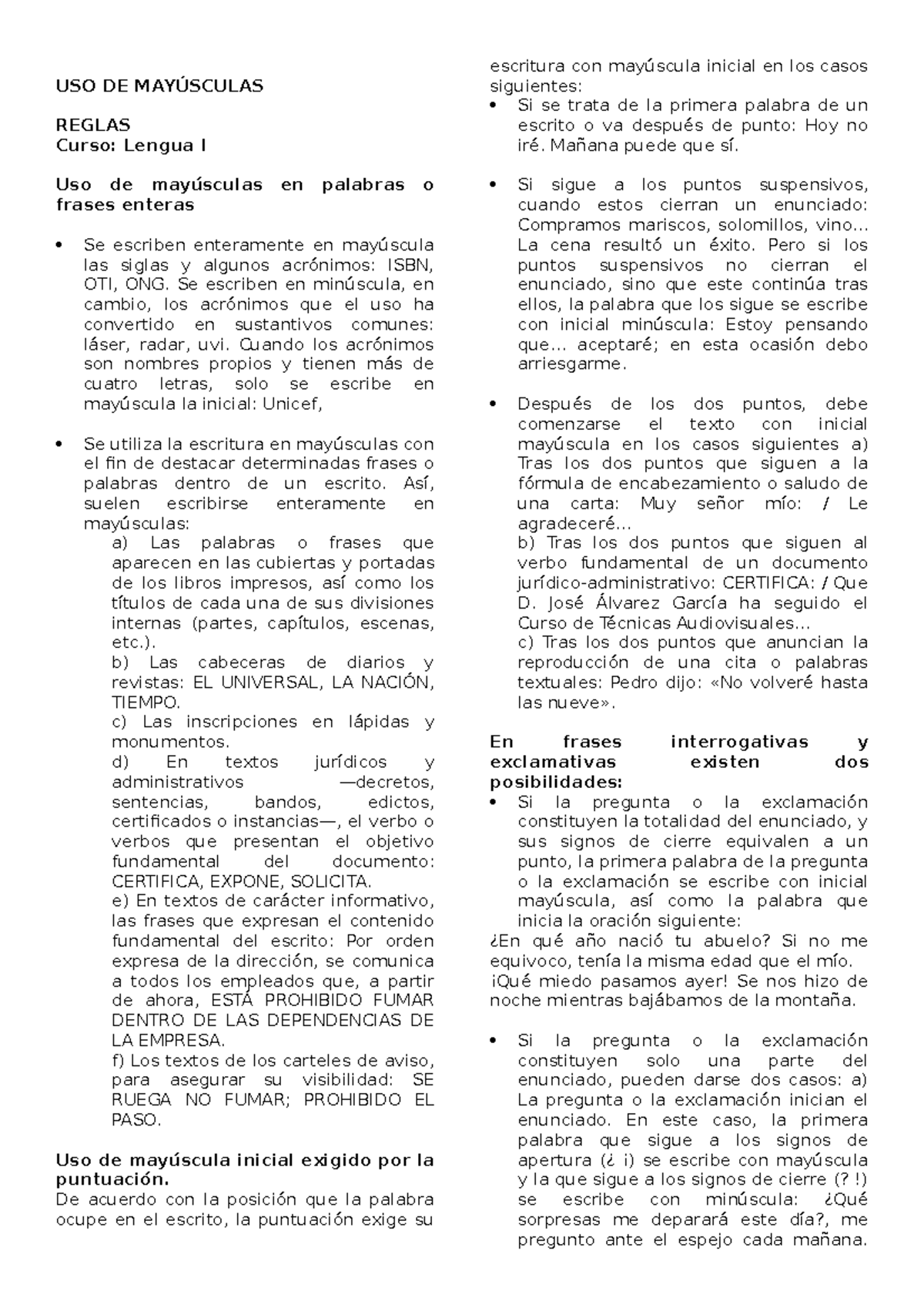 TEMA 3 Reglas DE Mayusculas - USO DE MAYÚSCULAS REGLAS Curso: Lengua I ...
