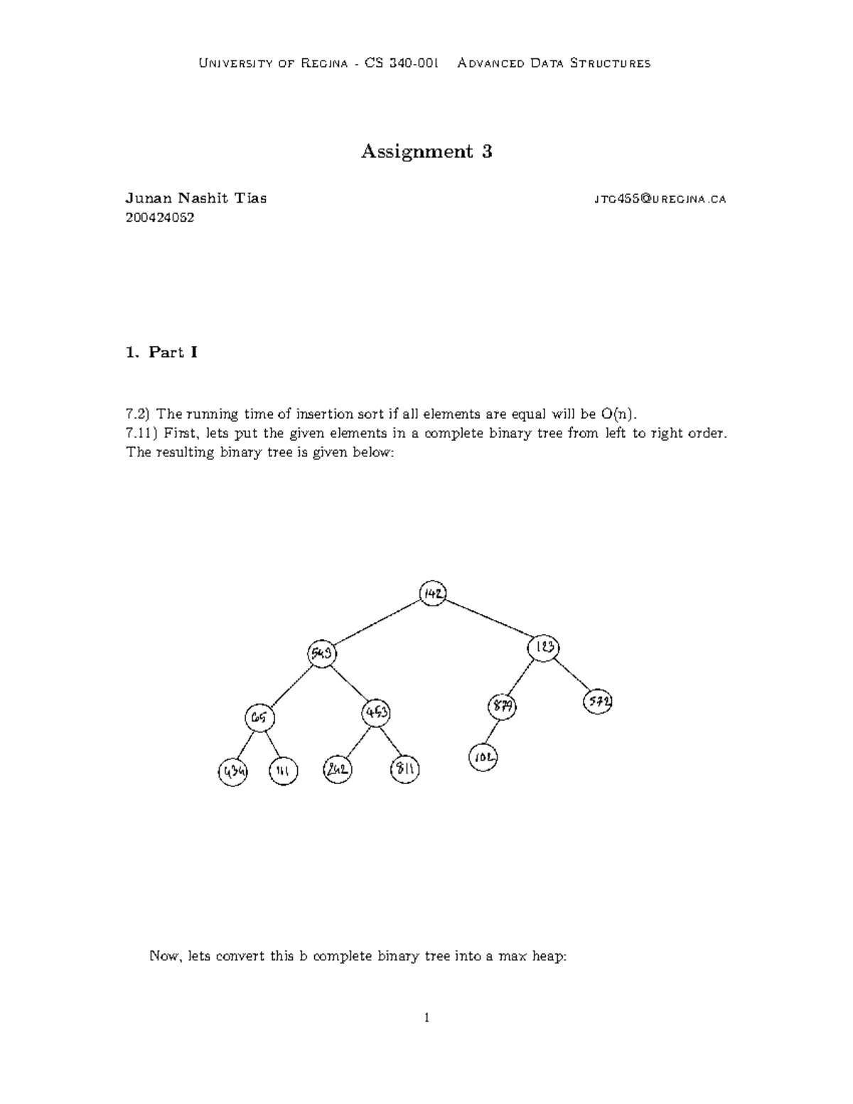CS 340 Assignment 3 - University of Regina - CS 340-001 Advanced Data Structures Assignment 3 ...