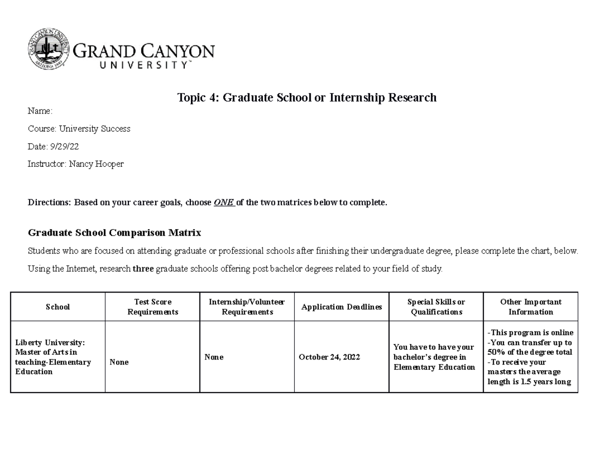 Topic 4 Graduate Schoolor Internship Worksheet - Topic 4: Graduate ...