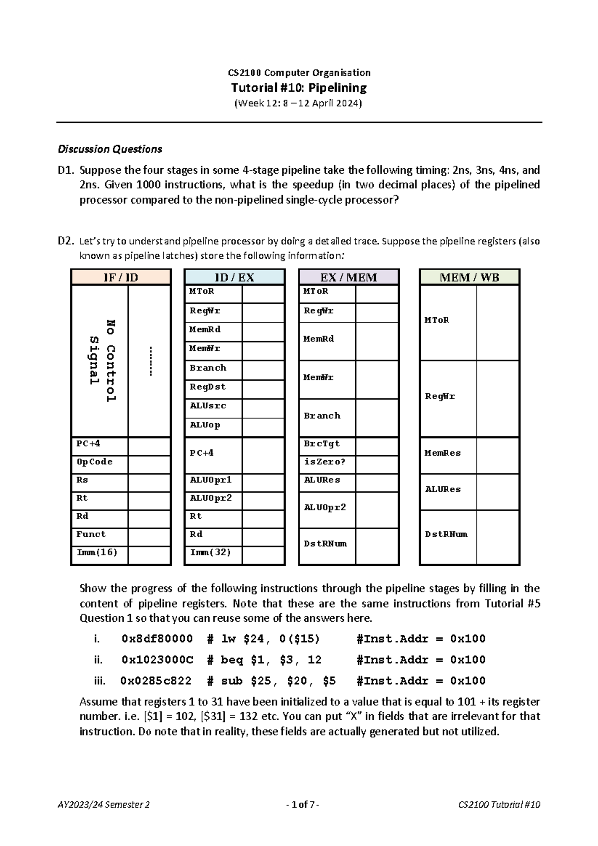 Tut10qns - TUT qns - CS2100 Computer Organisation Tutorial #10 ...