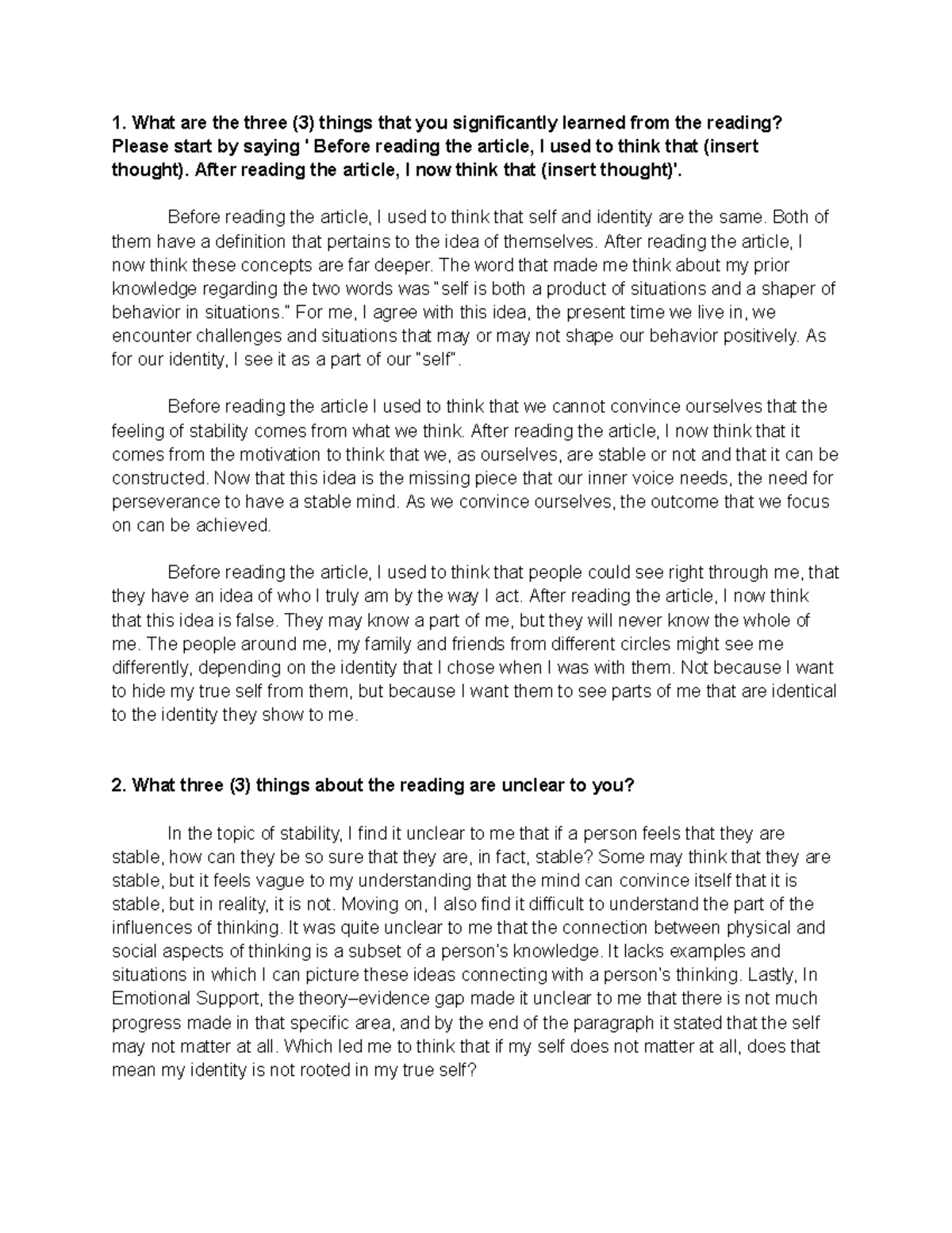 Metacognitive Reading Report - What are the three (3) things that you ...