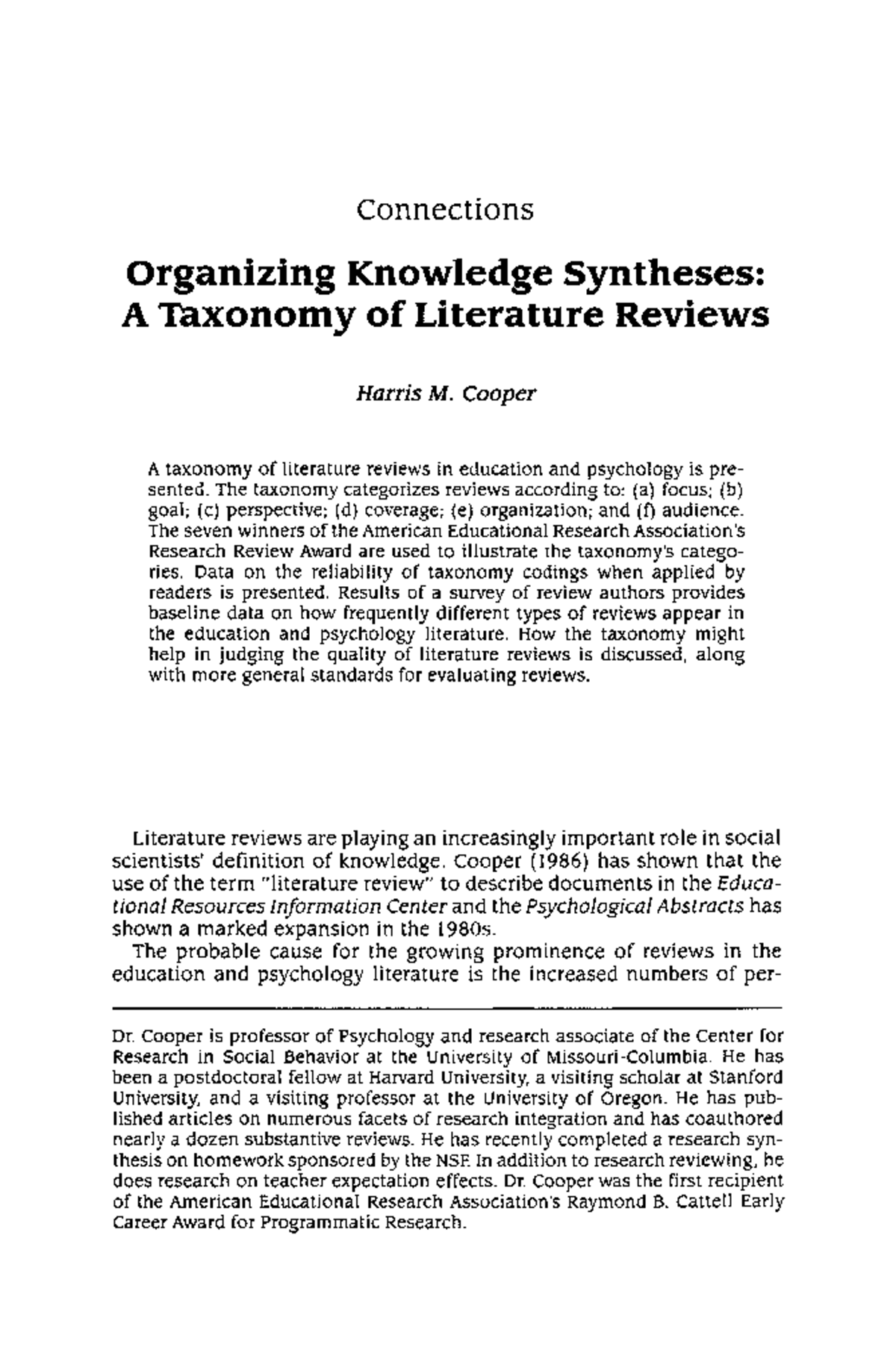 Cooper 1988 Organizing knowledge syntheses - Connections Organizing ...