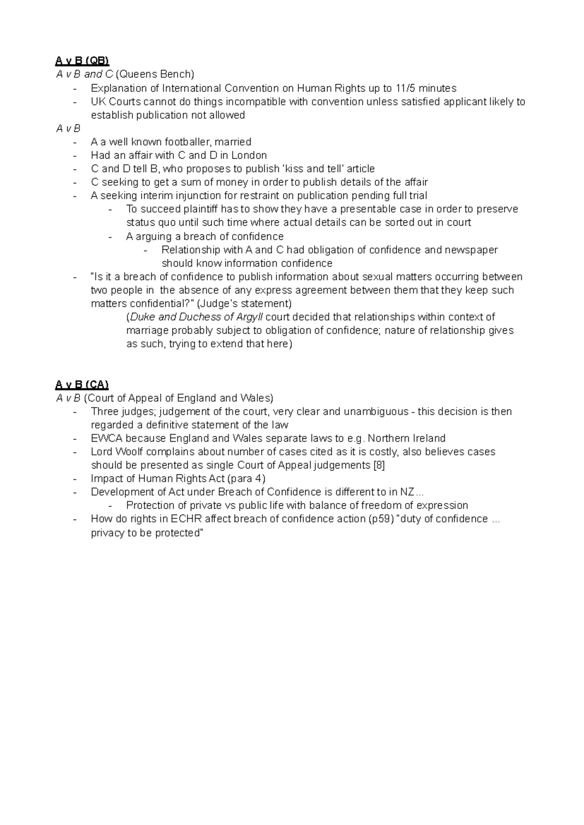 Exam notes for BoC and Privacy - AvB QB and CA cases summary - A v B ...