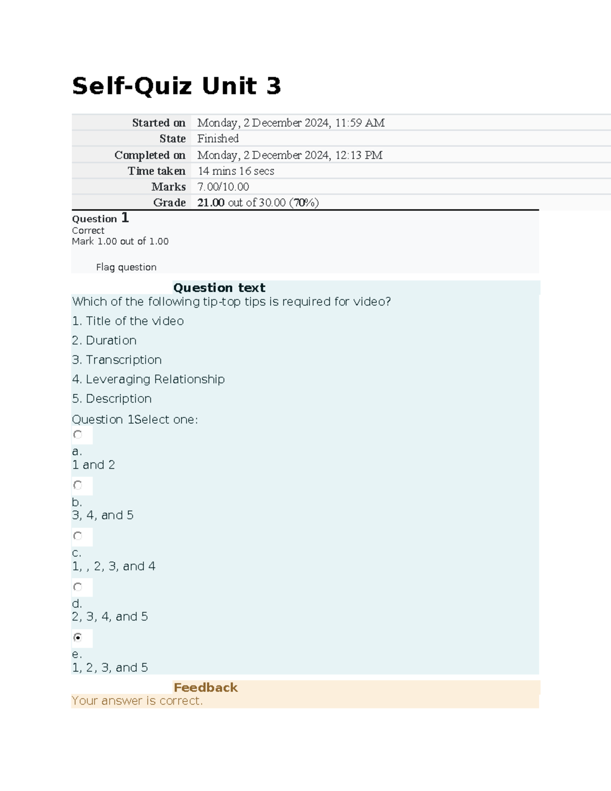 BUS 2202 Self Quiz 3 - Self Quiz 3 - Self-Quiz Unit 3 Started on Monday, 2 December 2024, 11:59 ...