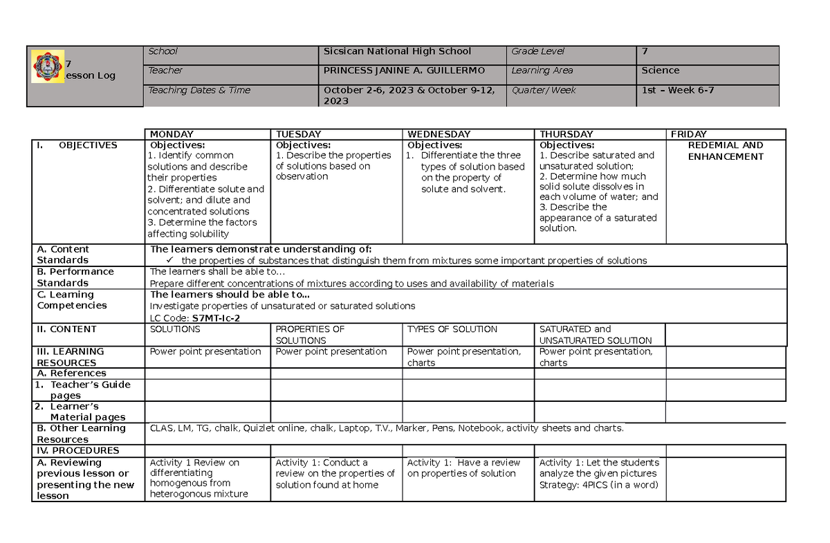 DLL G7 WEEK 6 Q1 - SFWFW - Grade 7 Daily Lesson Log School Sicsican ...