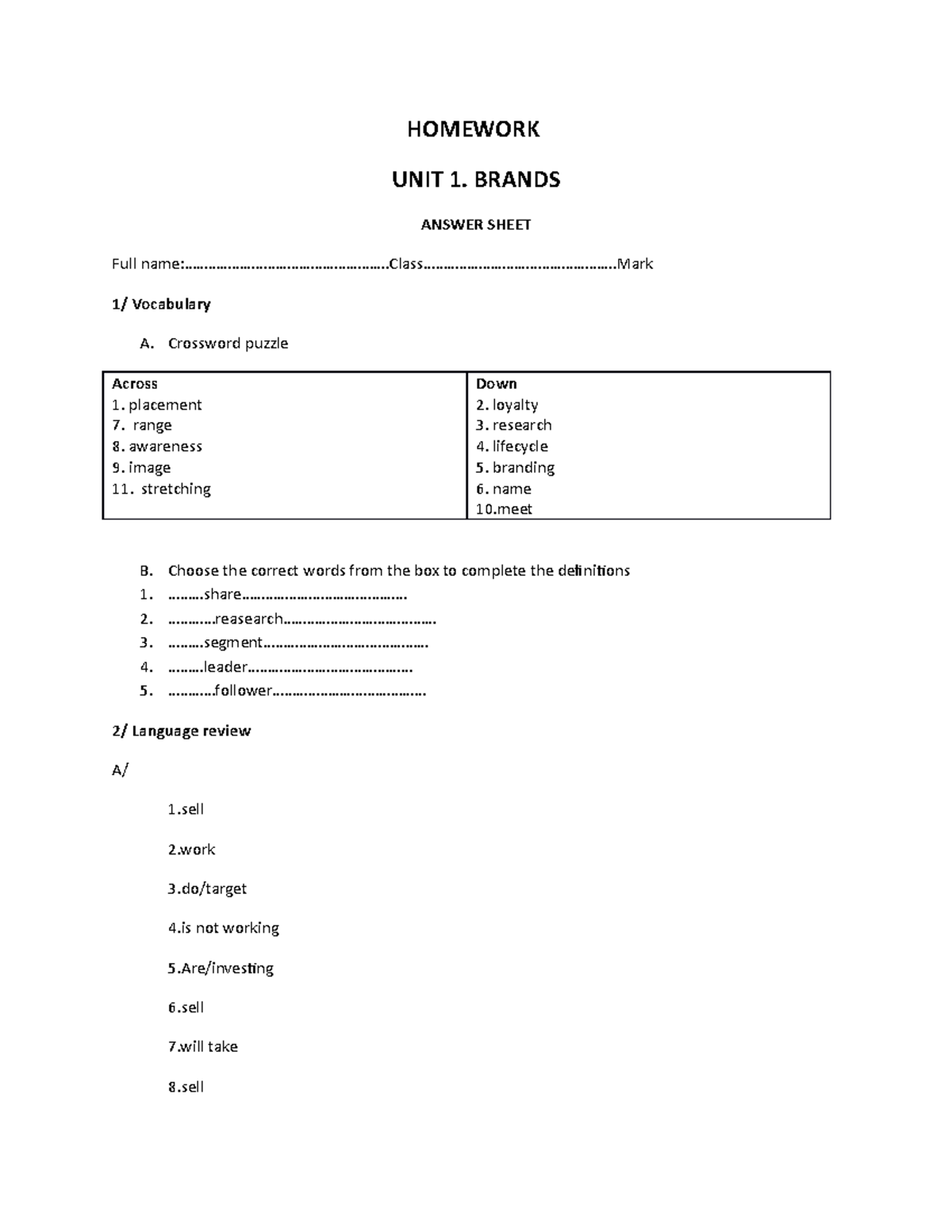 UNIT 1. Homework Voca and Language - HOMEWORK UNIT 1. BRANDS ANSWER ...