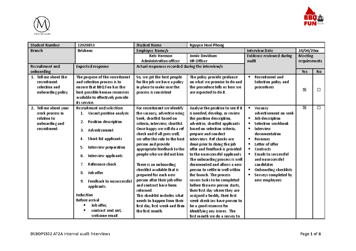 Bsbops 502 AT2A Internal audit interviews - Human resourse management ...