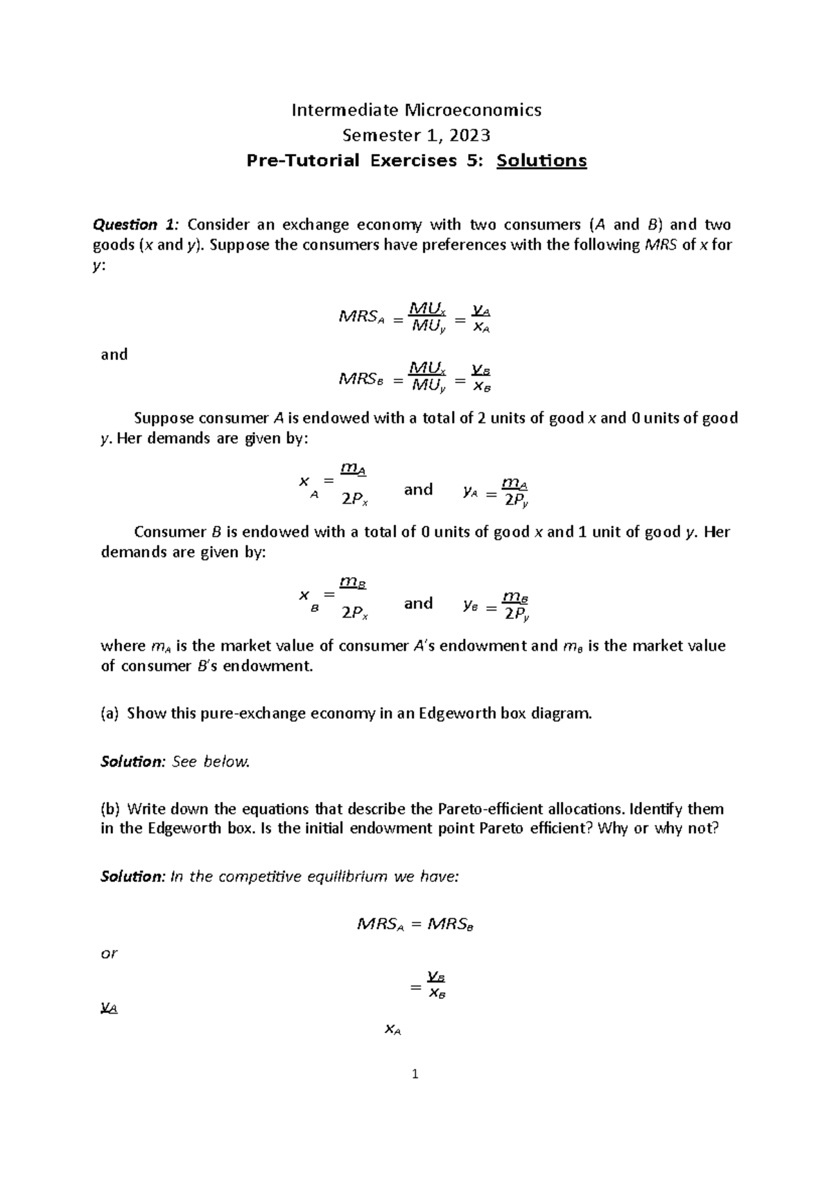 IM PRE T5 Solutions 2023 - 1 Intermediate Microeconomics Semester 1, 2023 Pre-Tutorial Exercises ...