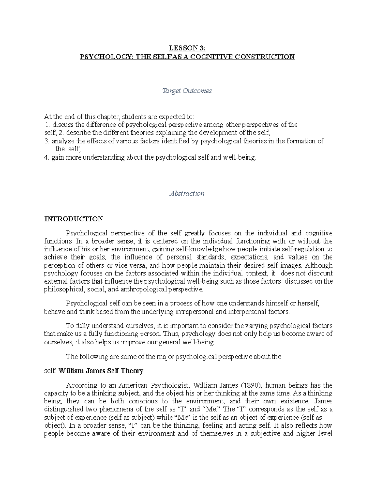 Lesson 3 Psychological Aspect of the Self-The Self as a Cognitive ...