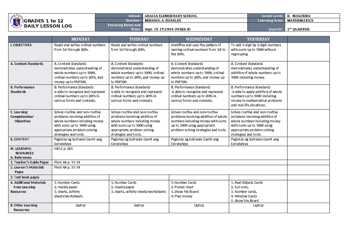 DLL Mathematics 2 Q1 W8 - good - GRADES 1 to 12 DAILY LESSON LOG School ...