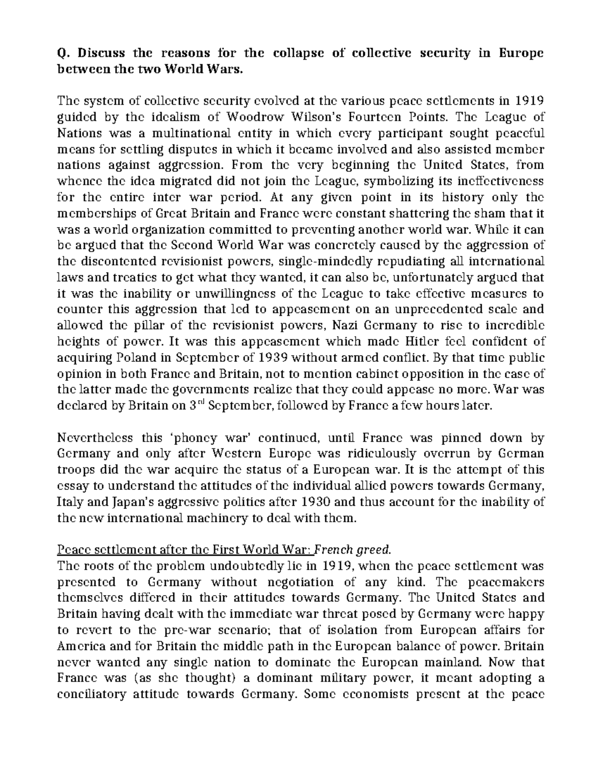 Collective Security and WWII - Q. Discuss the reasons for the collapse ...