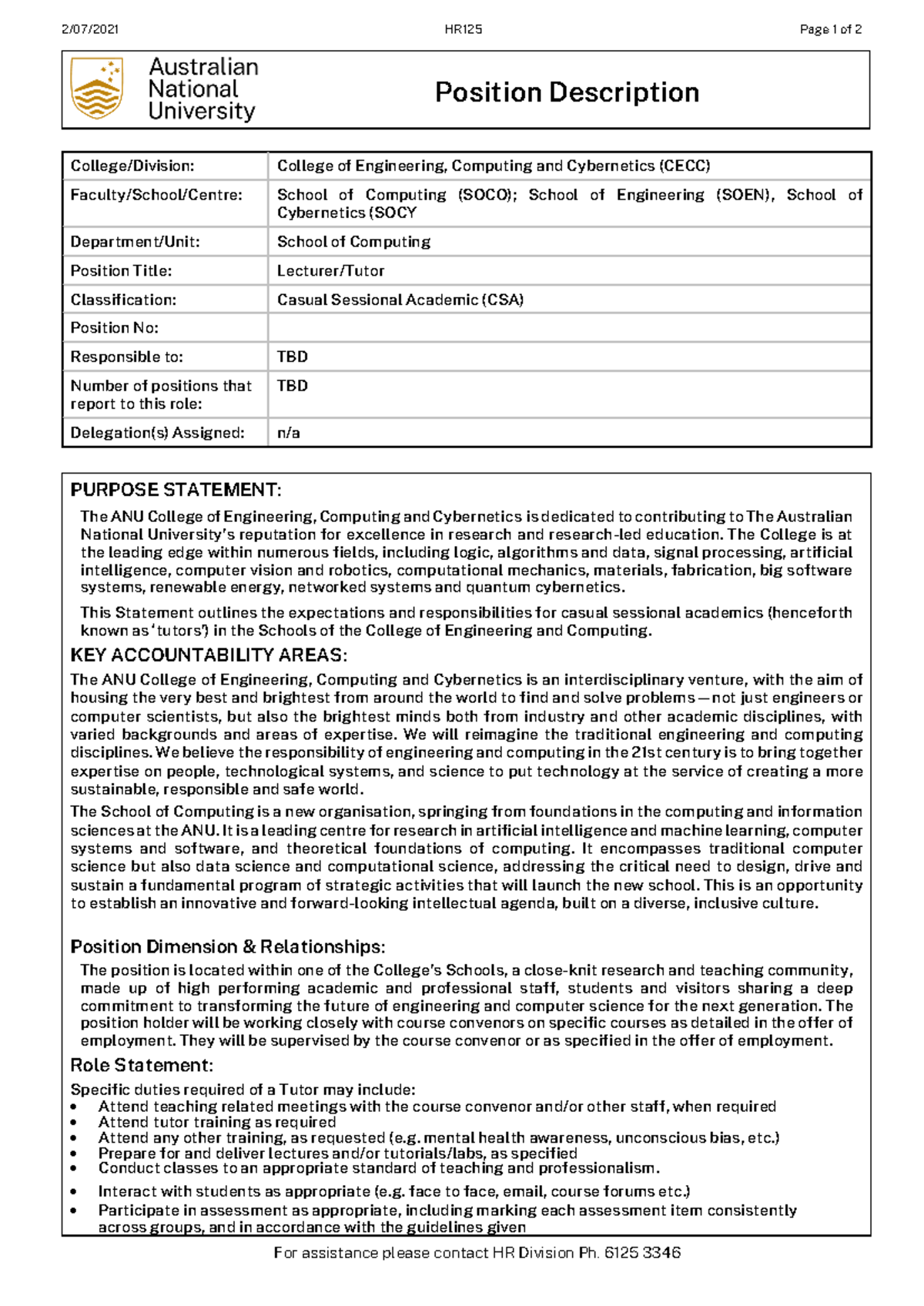 Position Description CSA's Sem2 2024-updated - 2/07/2021 HR125 Page 1 ...