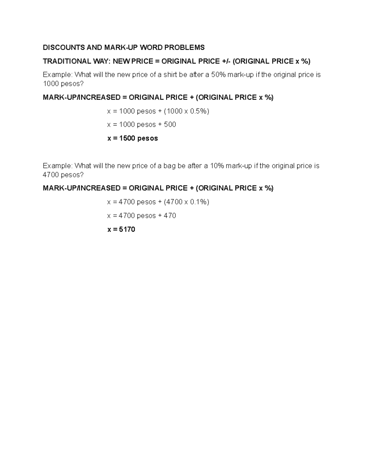 Discounts AND MARK UP WORD Problems - DISCOUNTS AND MARK-UP WORD ...