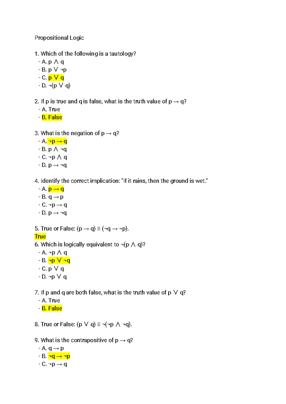 DS1 Midterms Reviewer - Propositional Logic Which of the following is a tautology? A. p ∧ q B. p ...