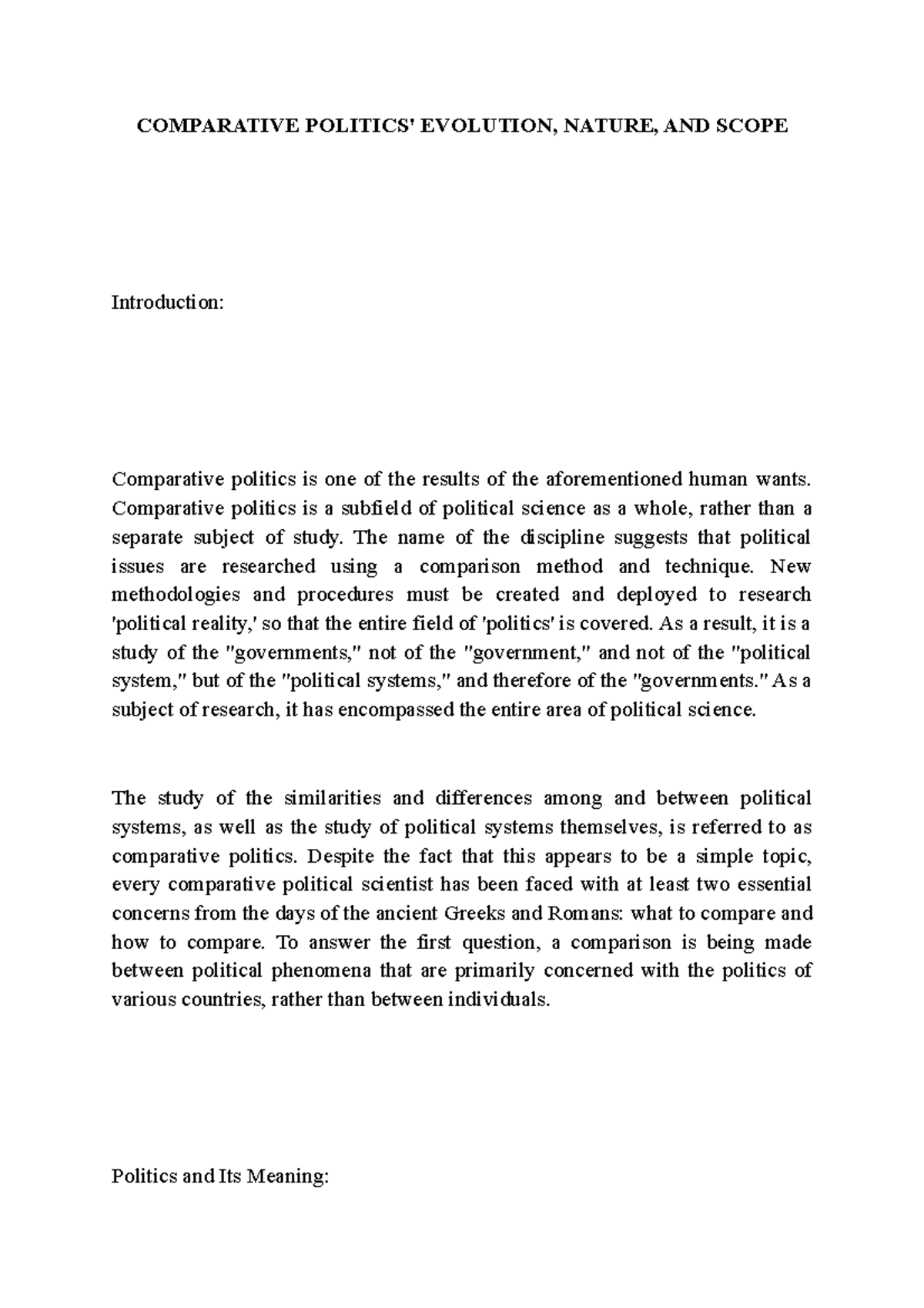 Comparative Politics' Evolution, Nature, AND Scope - Political Science ...