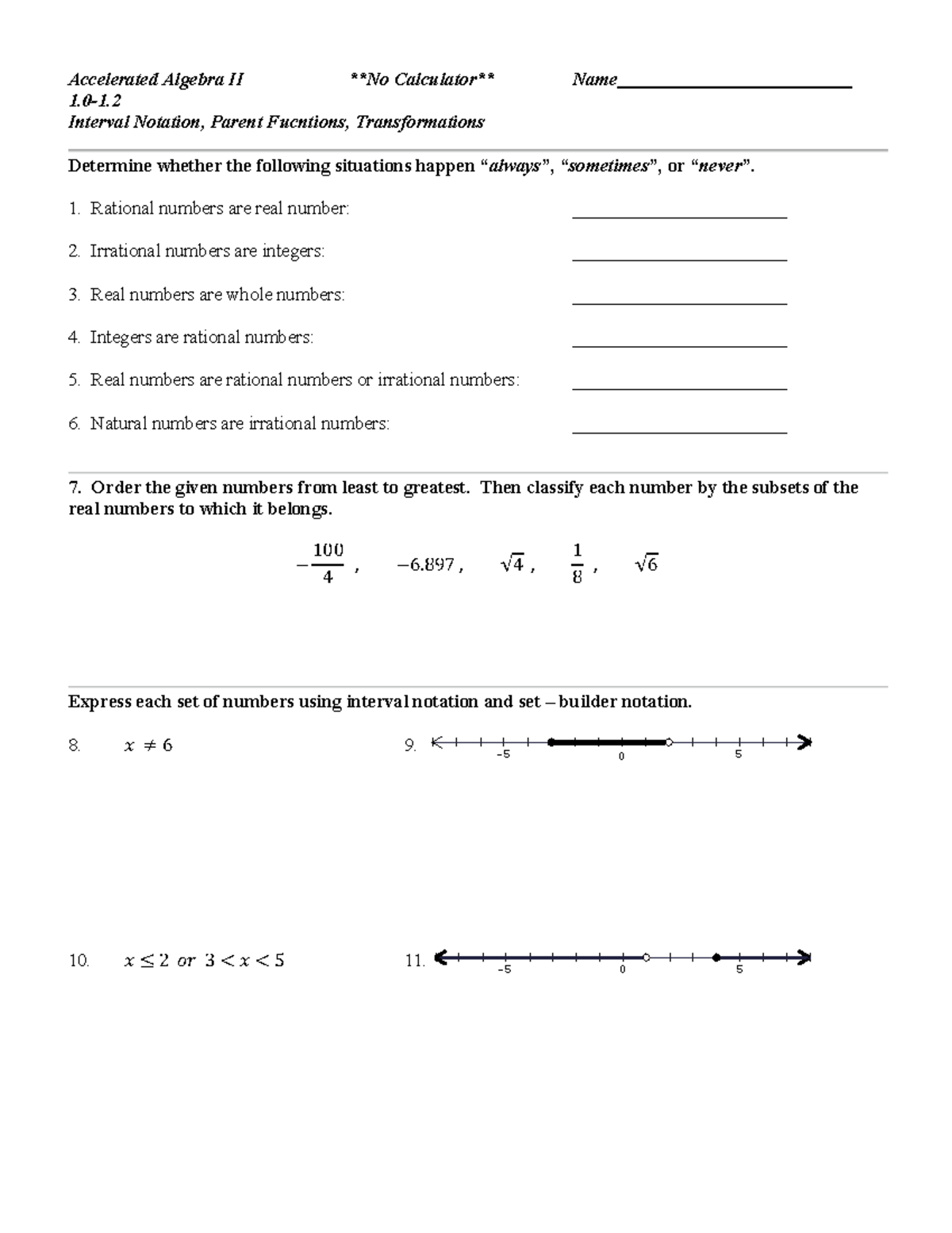 1.0-1.2 Review - Accelerated Algebra II No Calculator Name 1-1. Interval Notation, Parent ...