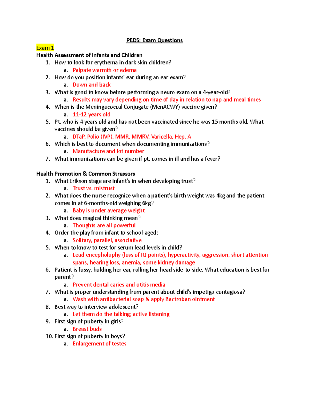 PEDS- Exam 's - USE THIS - PEDS: Exam Questions Exam 1 Health ...