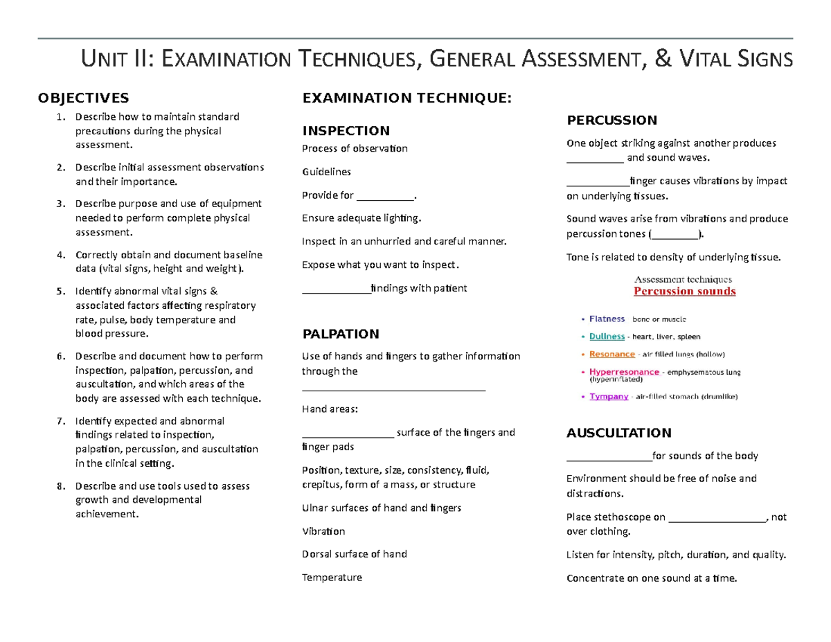 Unit 2. Examination Techniques, General Assessment, and Vital Signs ...