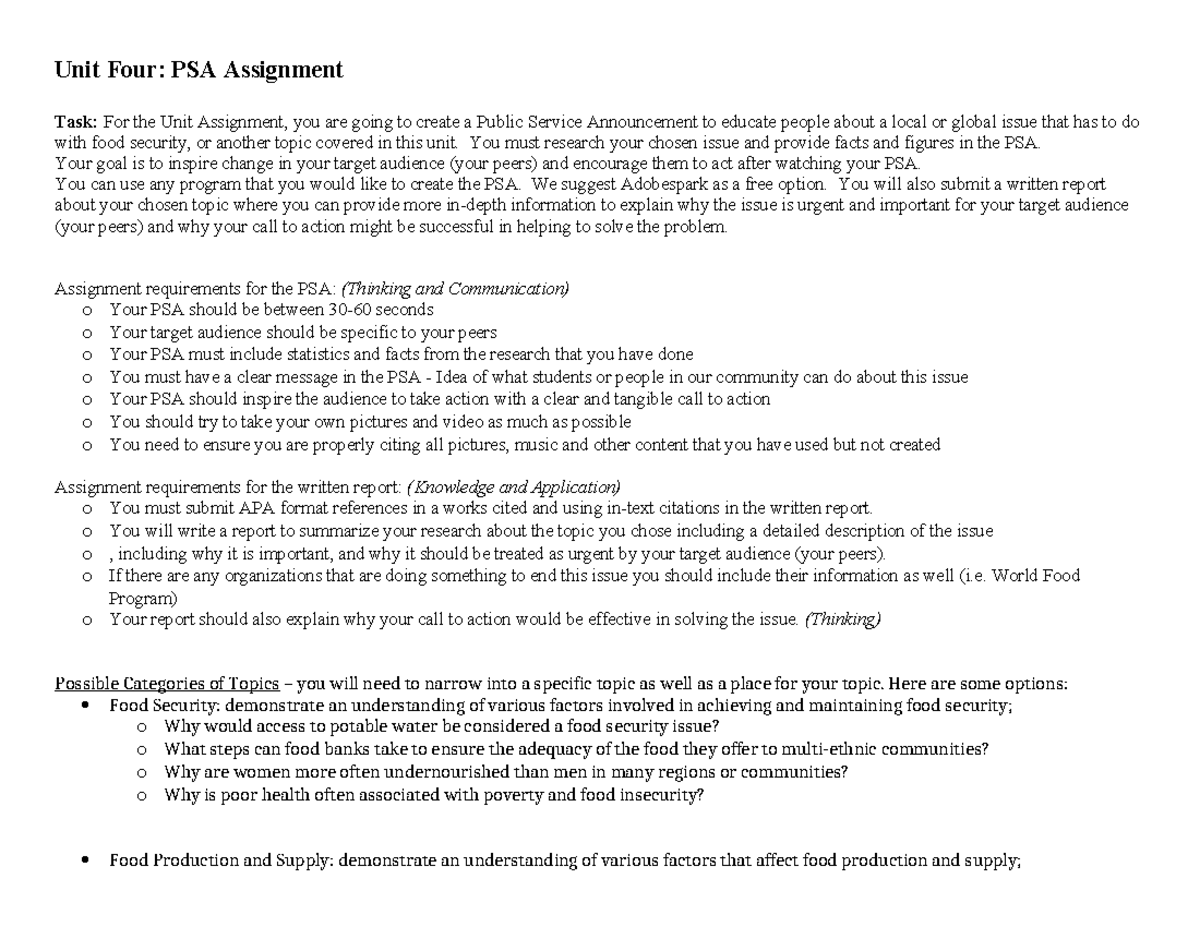 PSA Assginment and Rubric Jan 2024 - Unit Four: PSA Assignment Task ...