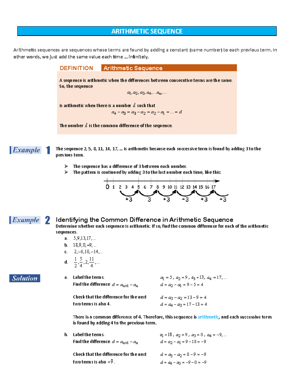 Lecture Definition of Arithmetic Sequence - ARITHMETIC SEQUENCE Arithme c sequences are ...