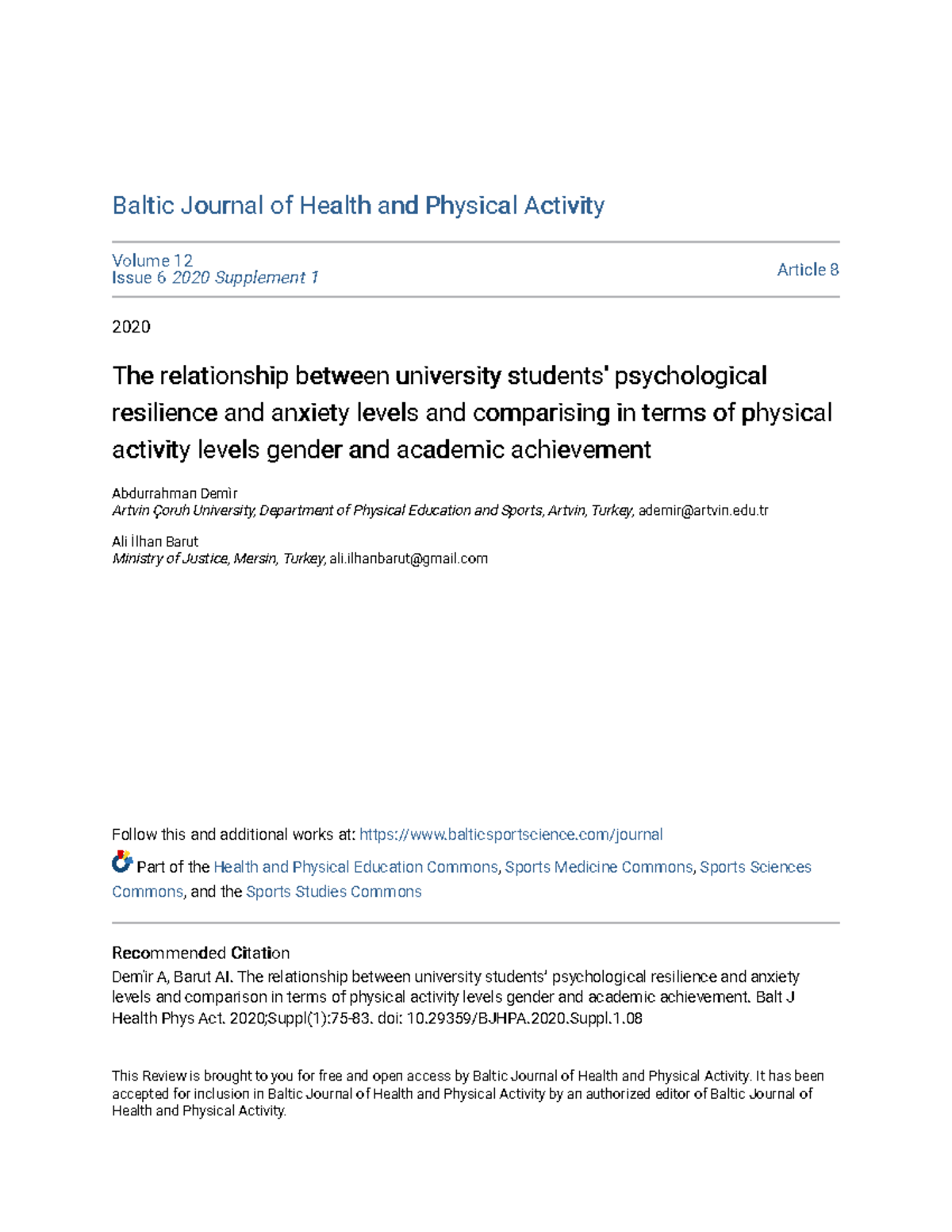 University students resilience and anxiety level - Baltic Journal of ...