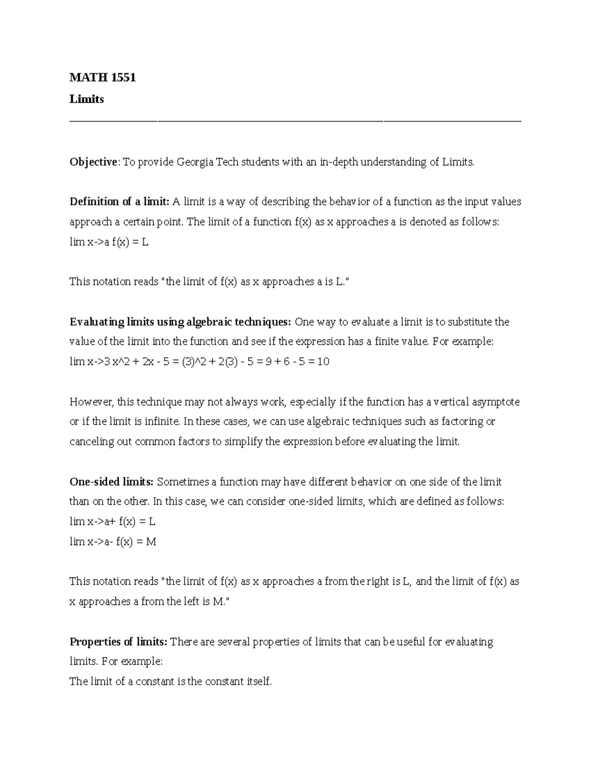 MATH 1551 Limits Notes - MATH 1551 Limits ...