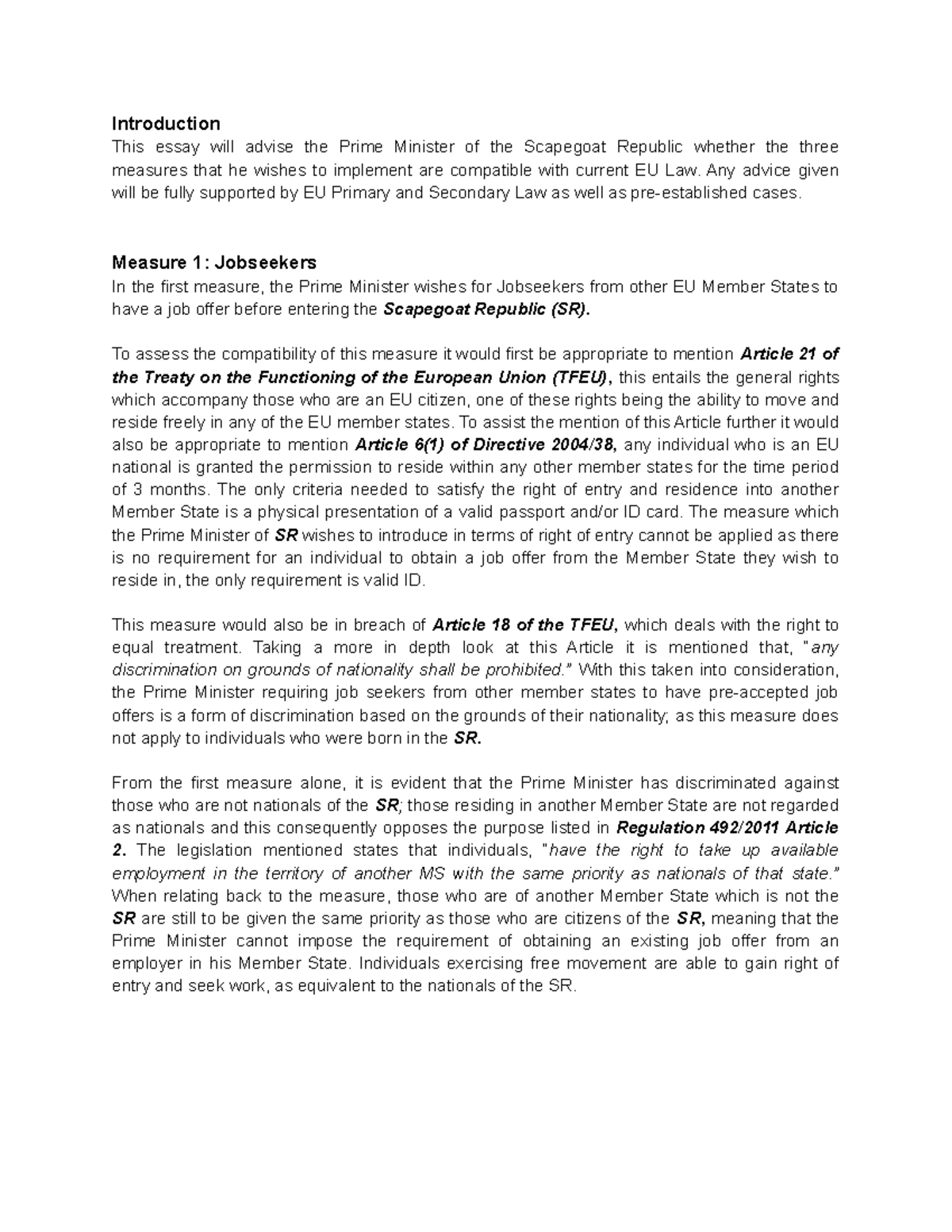 Assessment 1 - An EU Problem Question on free movement of person and ...