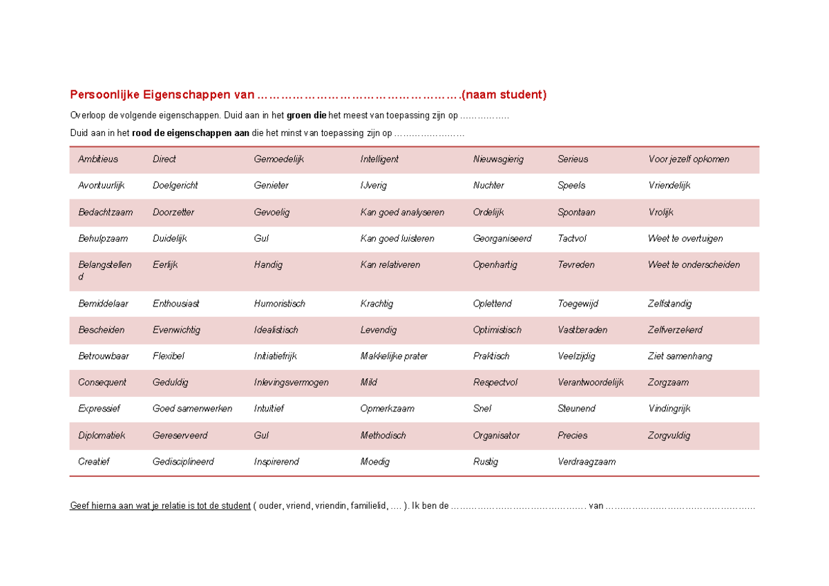 Persoonlijke eigenschappen versie voor je omgeving LEEG - Persoonlijke ...