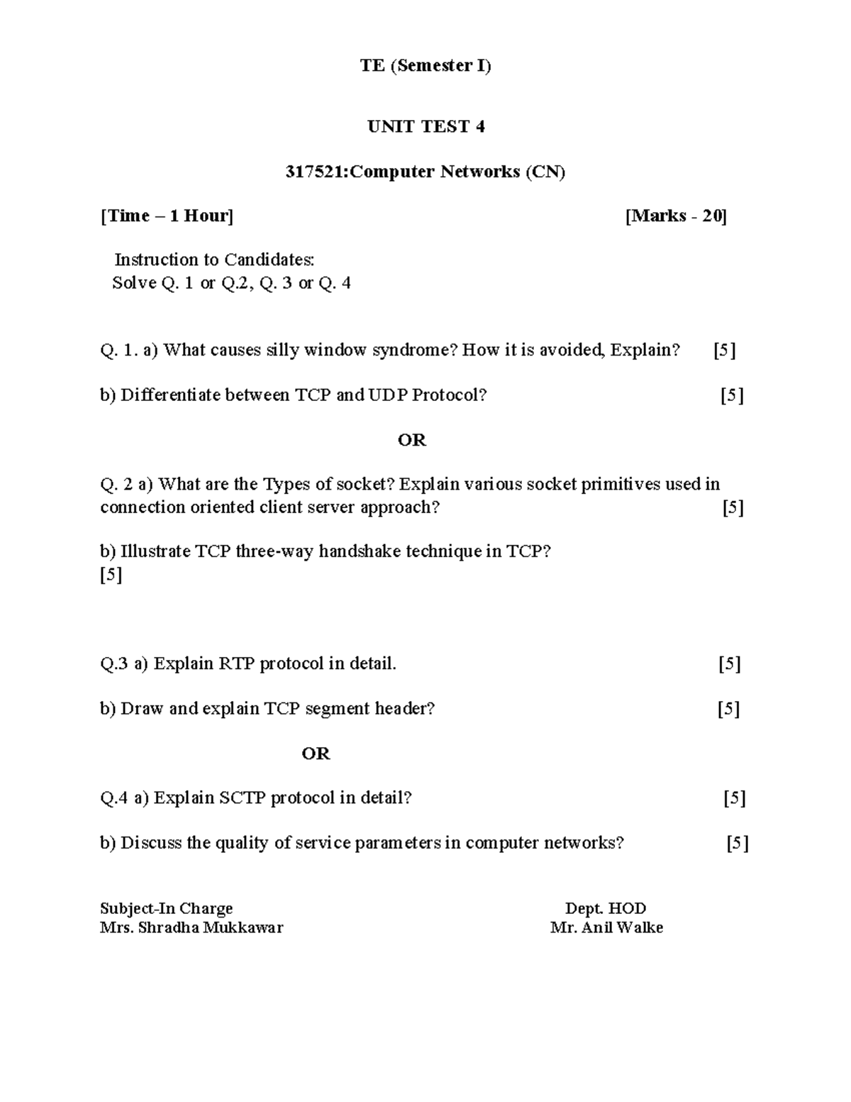 CN unit test 4 - Tutorial work - TE (Semester I) UNIT TEST 4 317521 ...