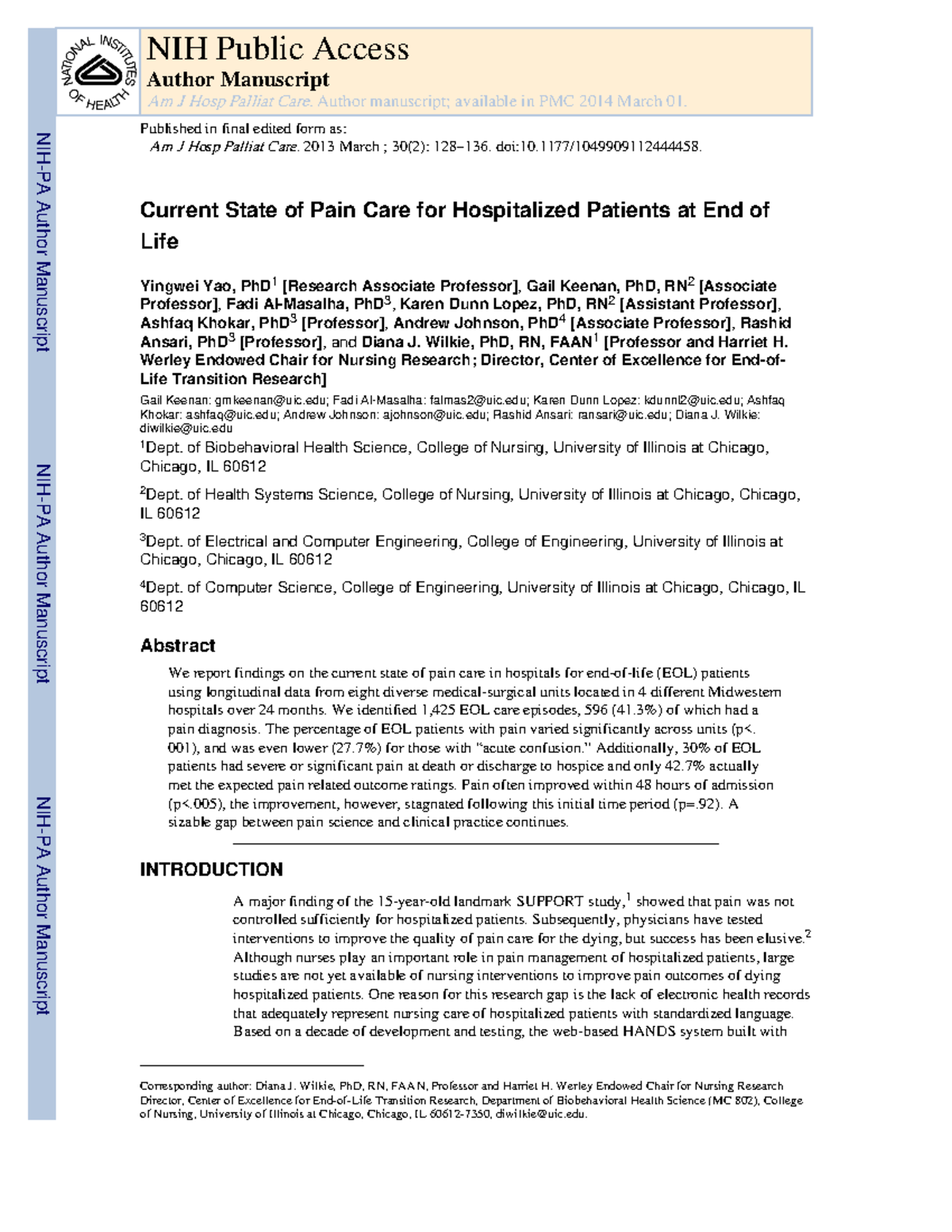 Current State of Pain Care for Hospitali - Wilkie, PhD, RN, FAAN 1 ...