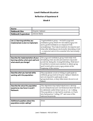 FWI Reflection I - Level I Fieldwork Education Reflection of Experience ...