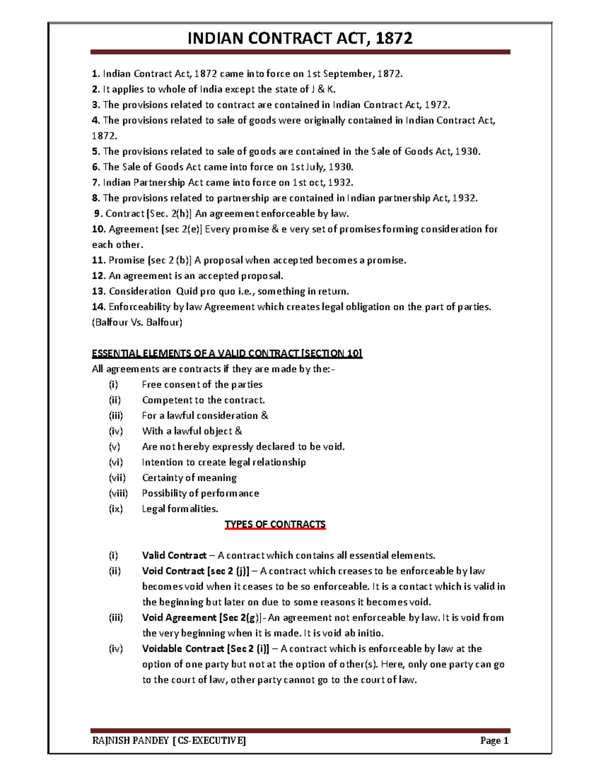 Download Indian Contract Act 1872 Best Easy Notes - Indian Contract Act ...